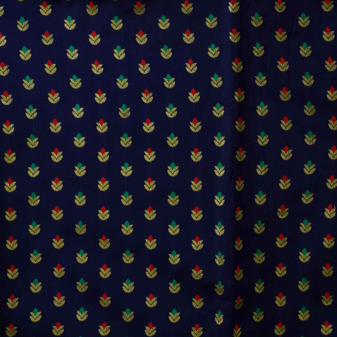 Brocade Navy Blue With Gold Red And Green Grass Hand Block Print Fabri ...