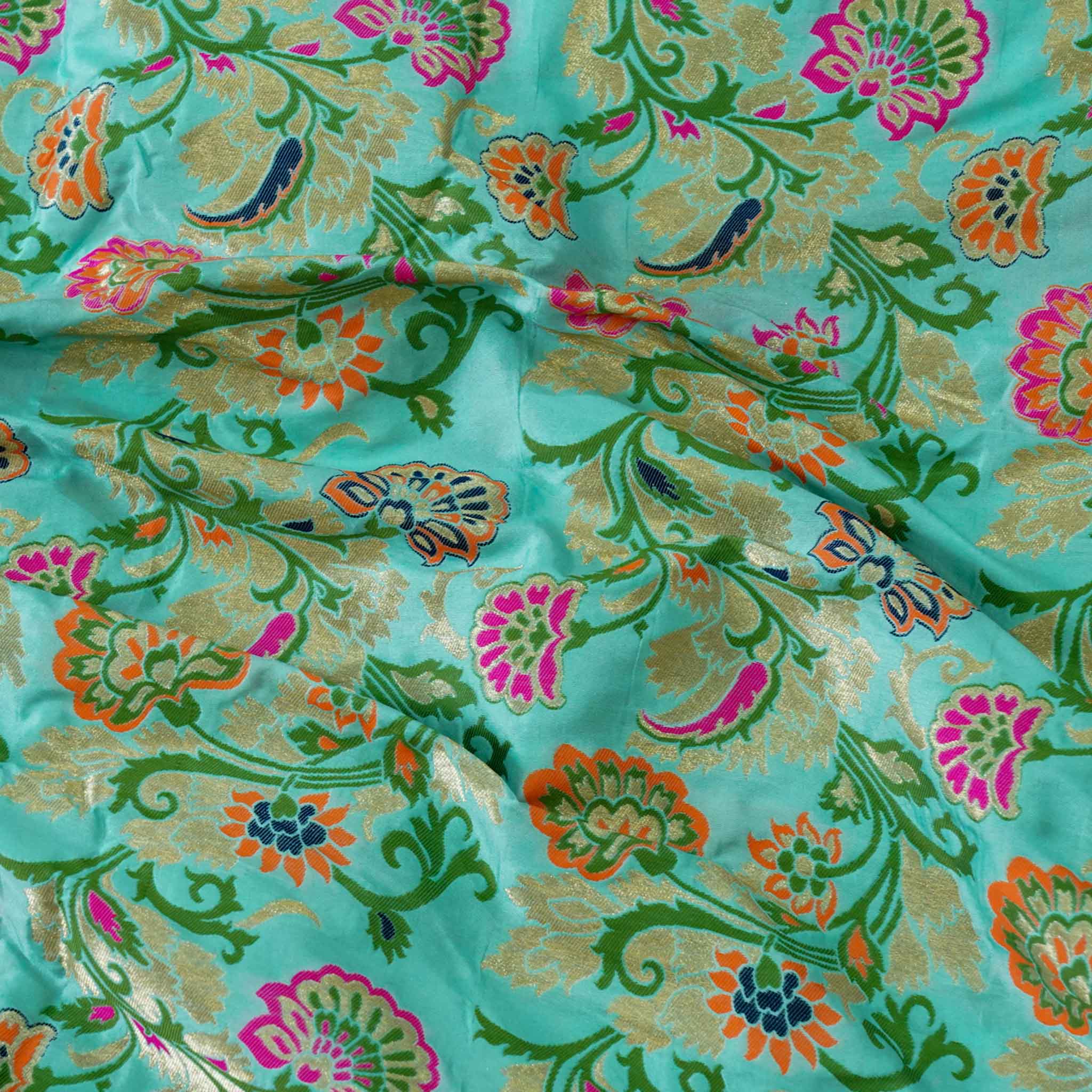 Brocade Sea Blue With Pink Green Blue Orange Woven Design – Sanskruti