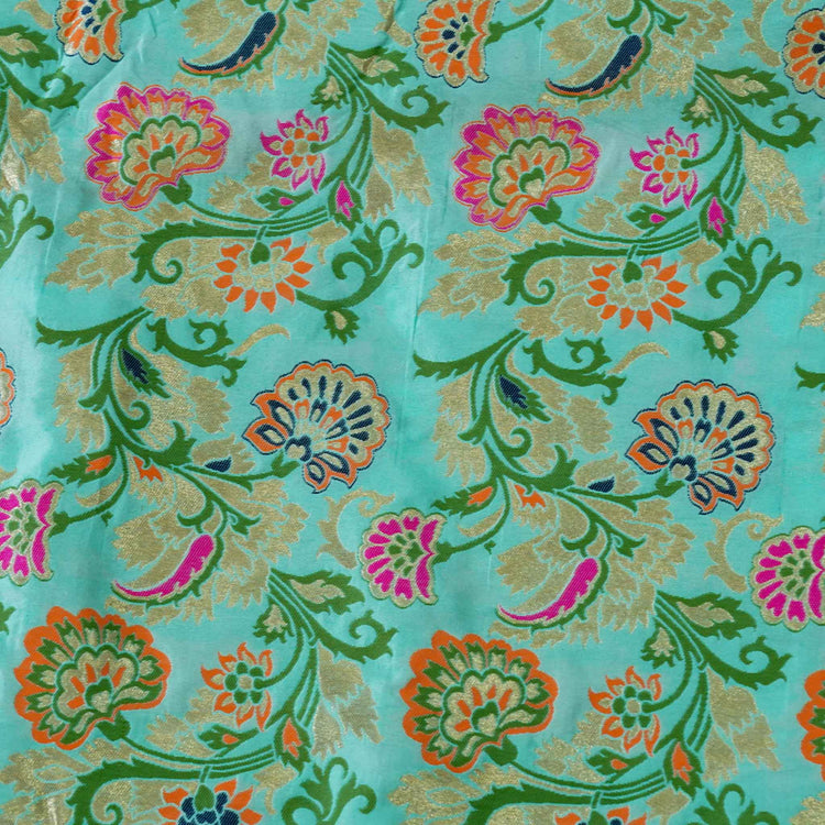 Brocade Sea Blue With Pink Green Blue Orange Woven Design – Sanskruti