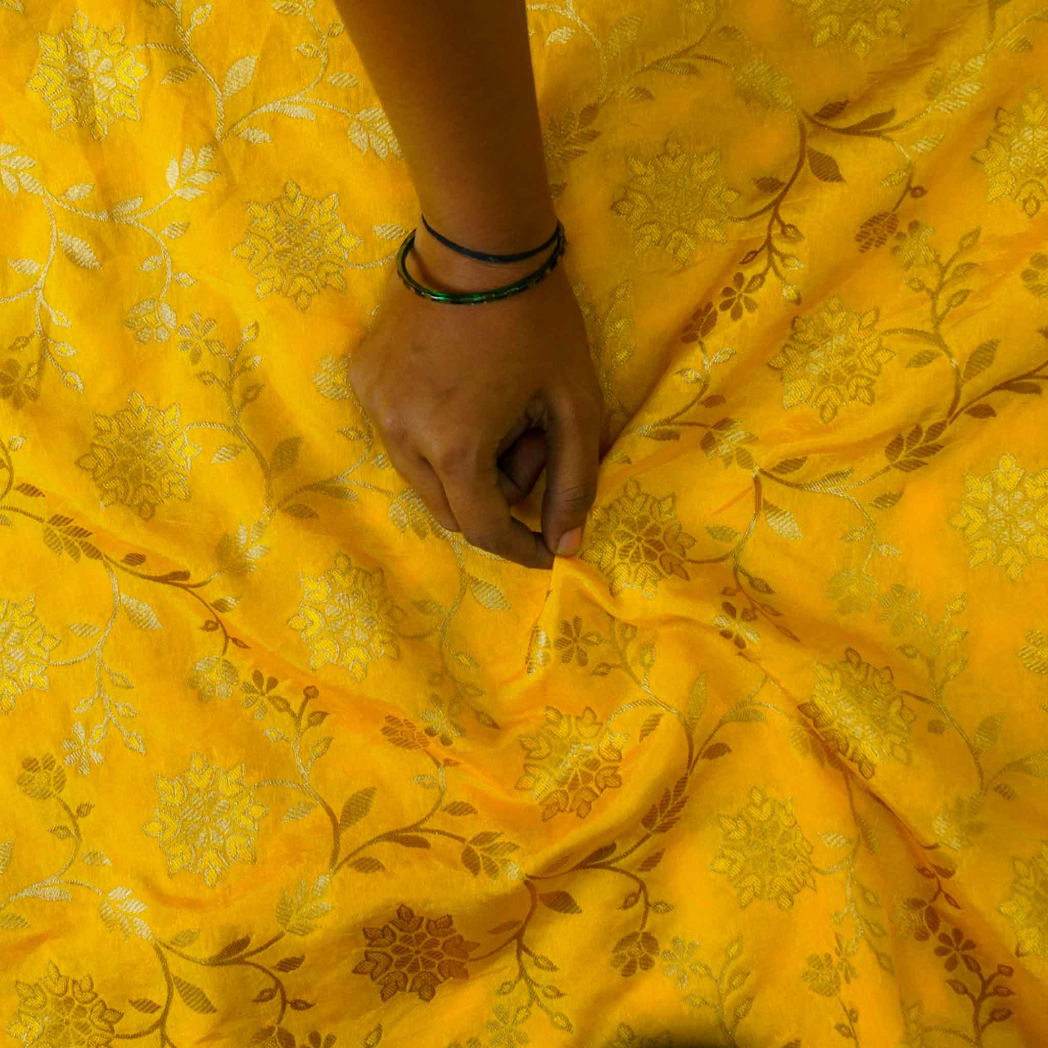 Brocade Yellow With Gold Jaal Hand Block Prnt Fabric – Sanskruti