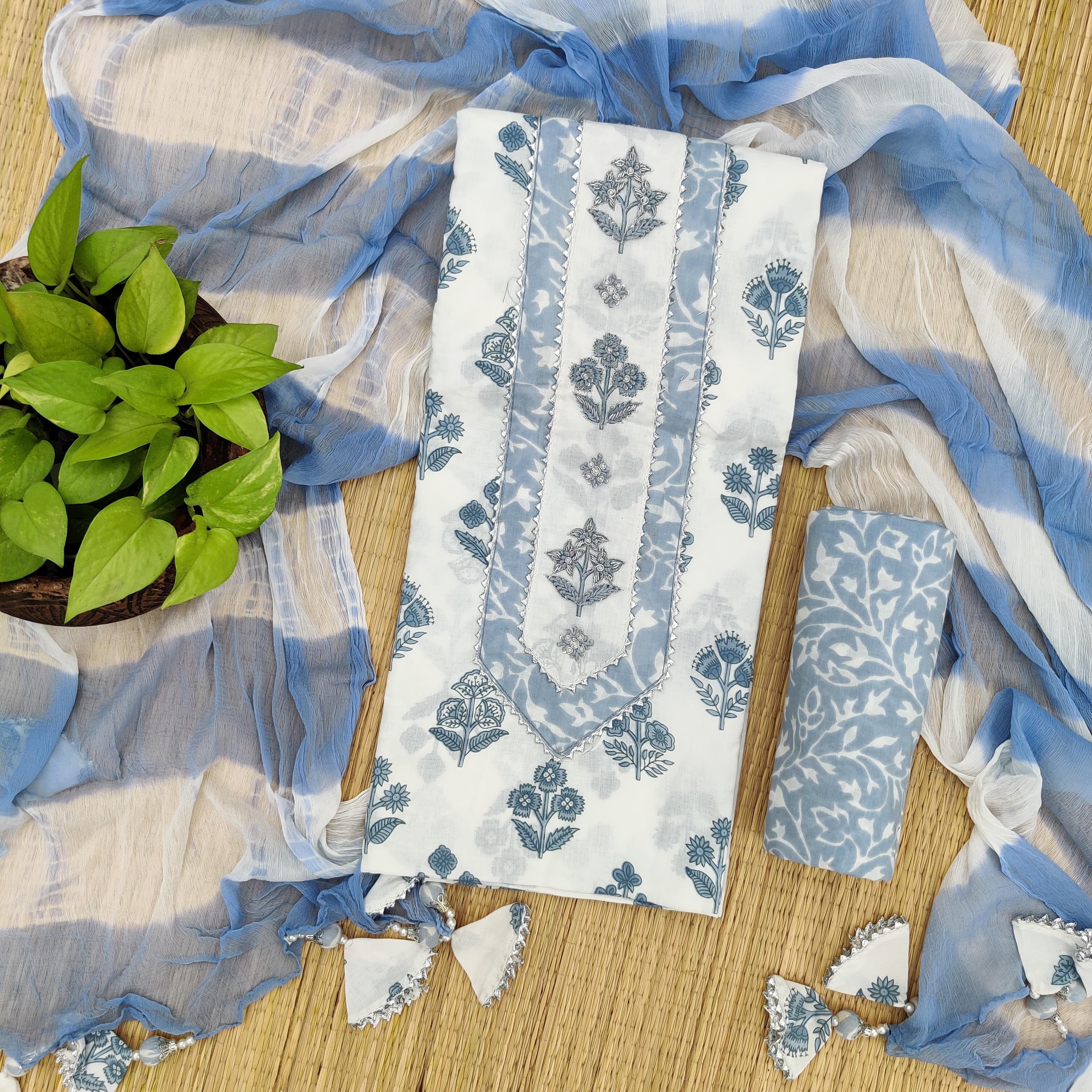CHAMPA - Pure Cotton Shades Of Blue Mughal Floral With Jaal Bottom And ...