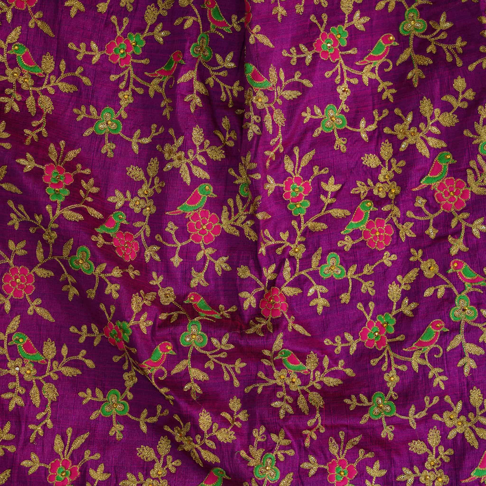 Cotton Silk Purple With Gold Zari Embroidered Jaal With Pink Green Bir ...