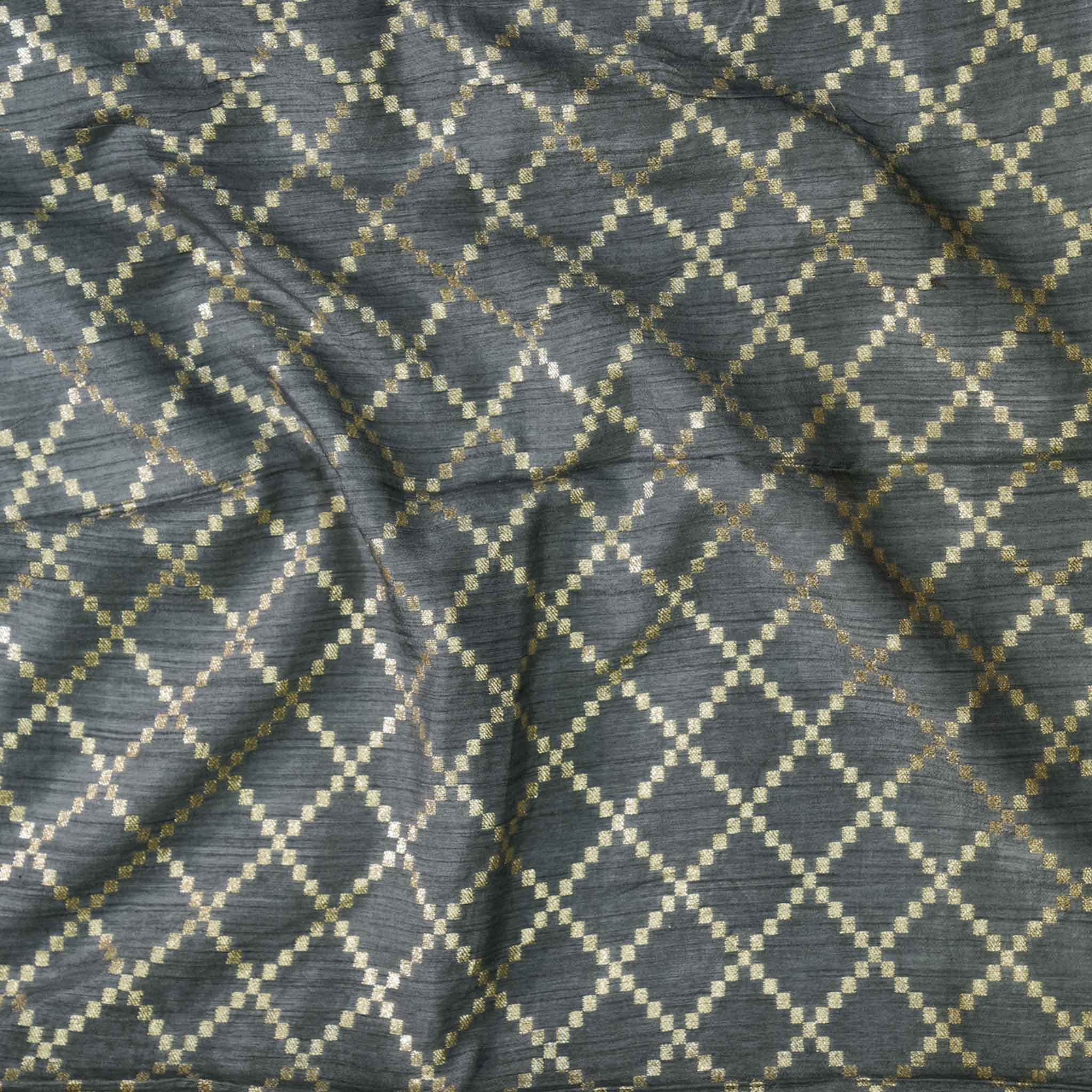 Dola Silk Grey With Zari Checks Fabric – Sanskruti