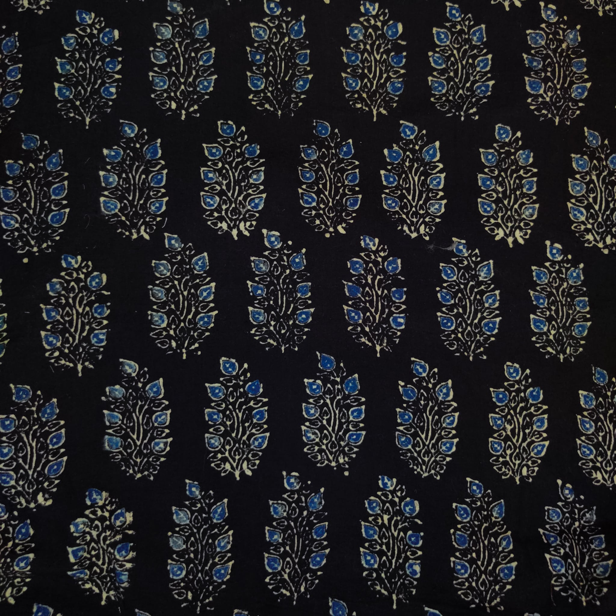 Pure Cotton Ajrak Black With Blue Leafy Motif Hand Block Print Fabric ...