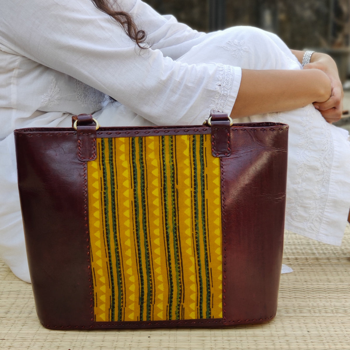 JODHPURI -Jodhpuri Leather Haldi Dyed Ajrak Tote Shoulder Bag With A Z ...