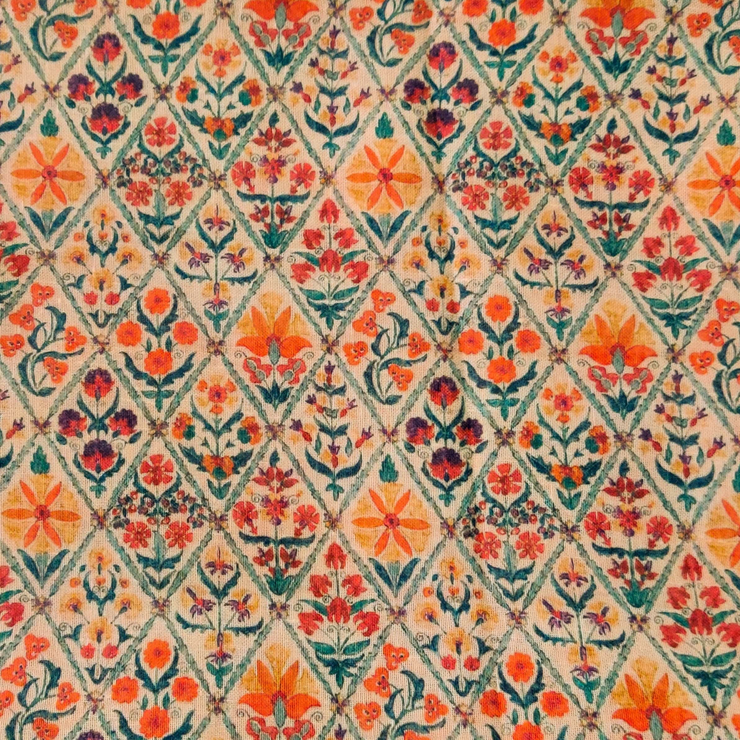 Linen With Grid And Multiple Motifs Screen Print Fabric – Sanskruti