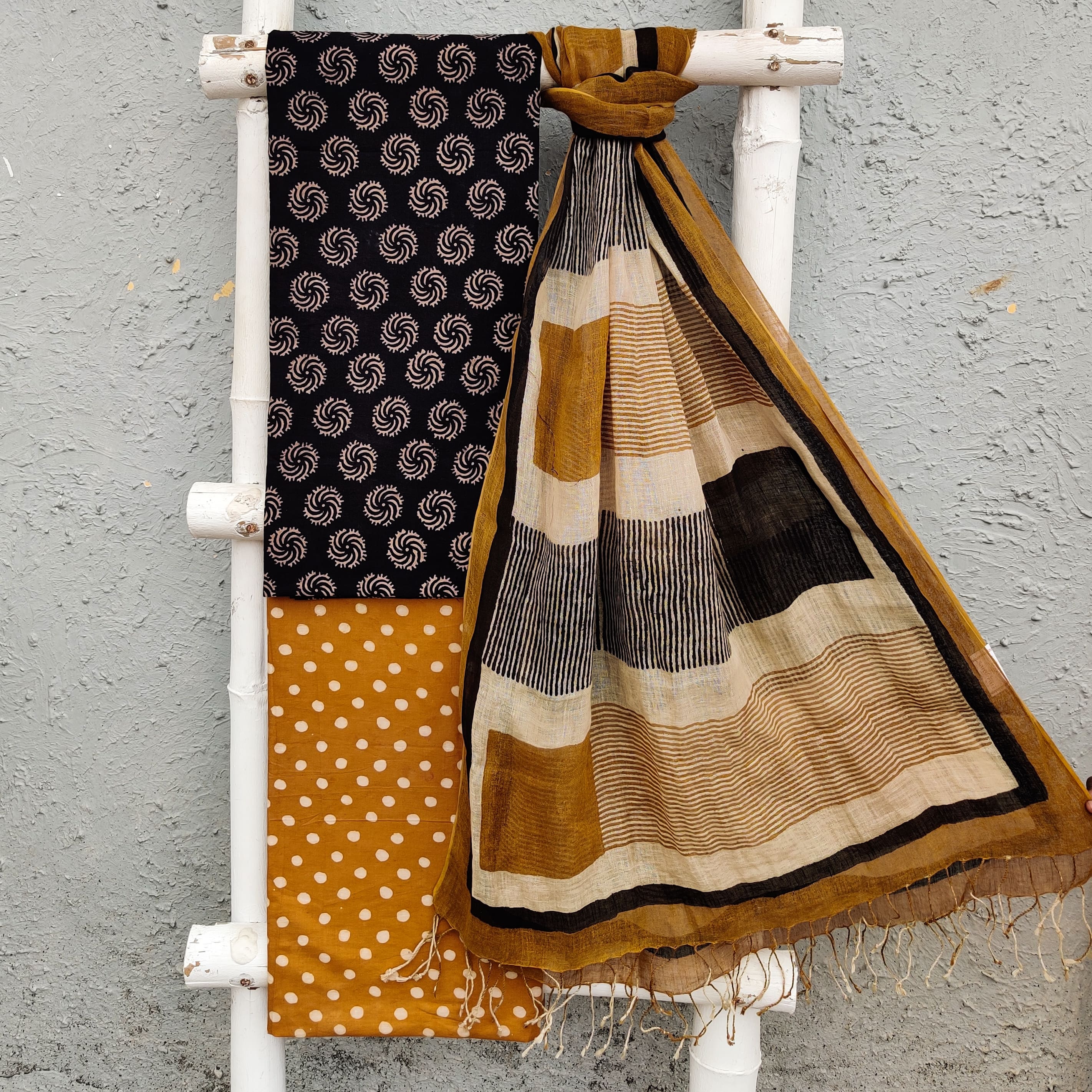 MADHU - Pure Cotton Black Ajrak Top With Discharge Polka Bottom And Da ...