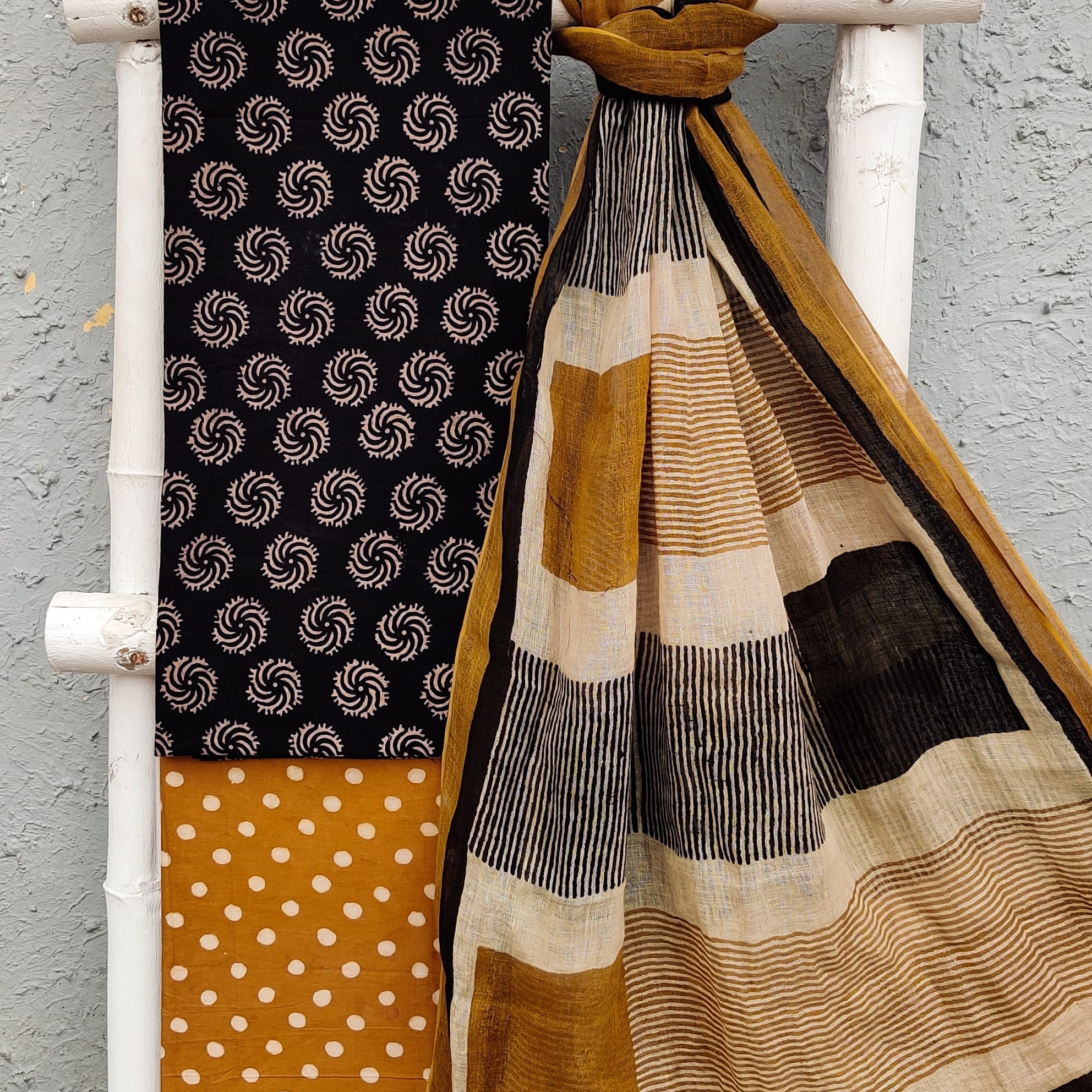 MADHU - Pure Cotton Black Ajrak Top With Discharge Polka Bottom And Da ...