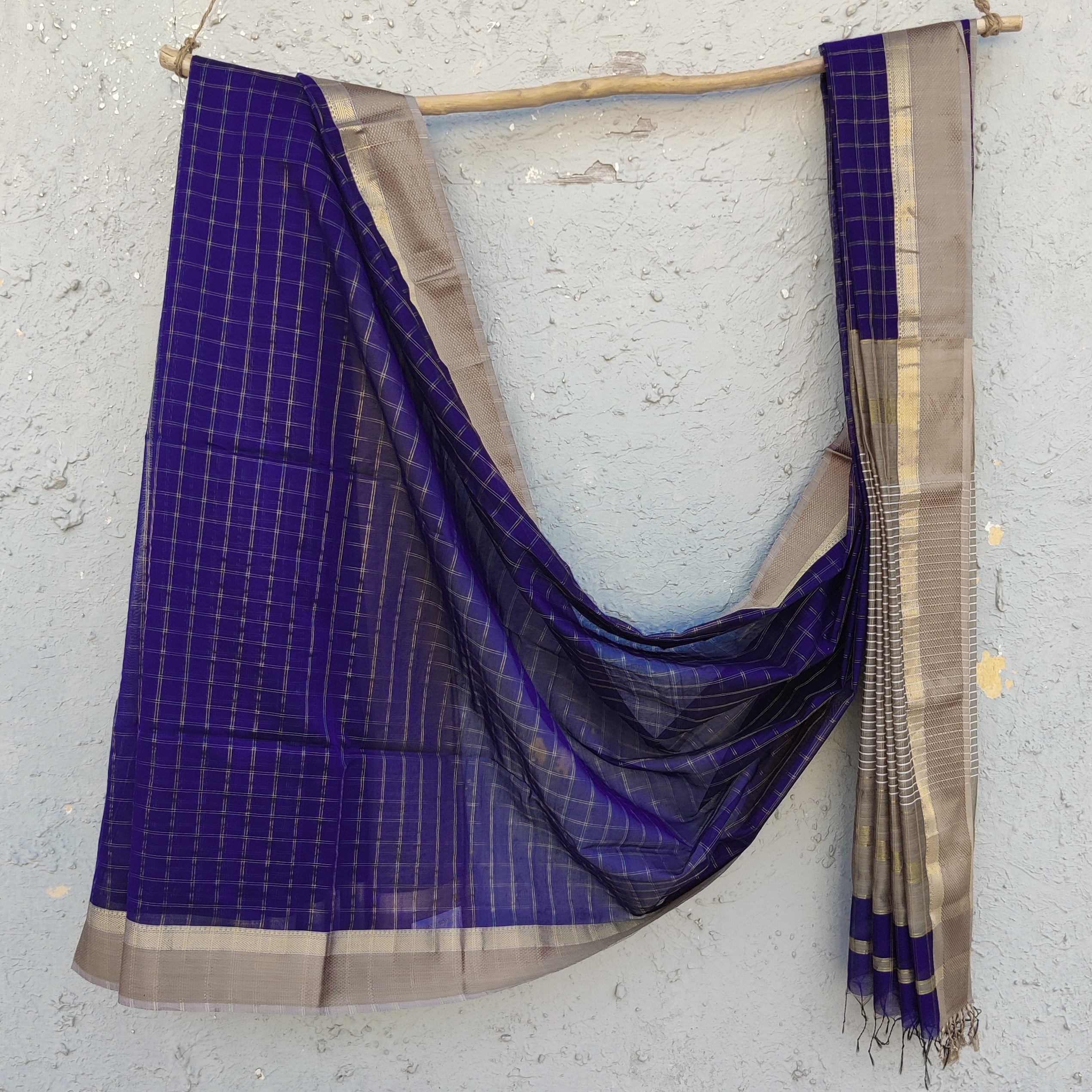 MAHESHWARI - Pure Maheshwari Blue Checks Saree – Sanskruti