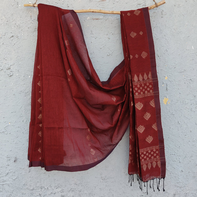 MANORAMA - Mud Maroon Tissue Linen Saree – Sanskruti