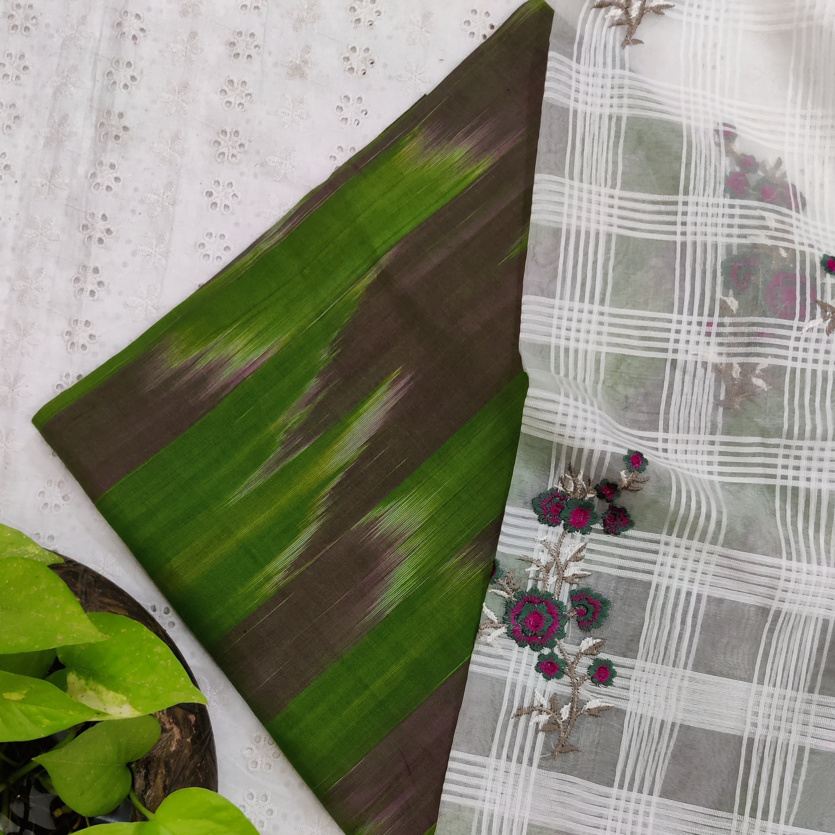 MEERA - Pure Cotton Handloom Top Fabric With Embroidered Organza Dupat ...