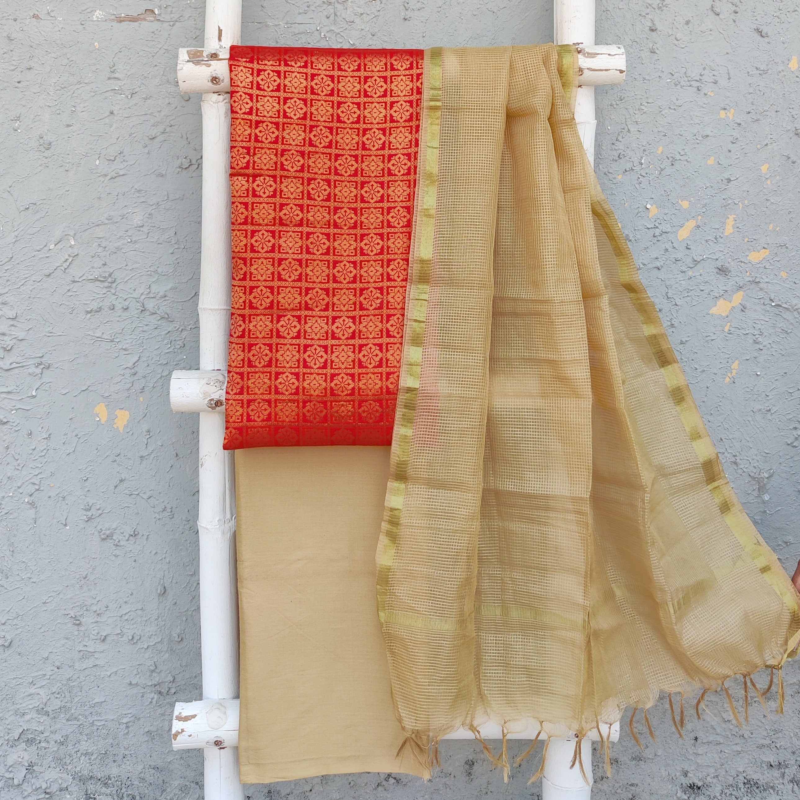 MISHKA - Patola Brocade Pink Red Top Fabric With Beige Cotton Silk Bot ...