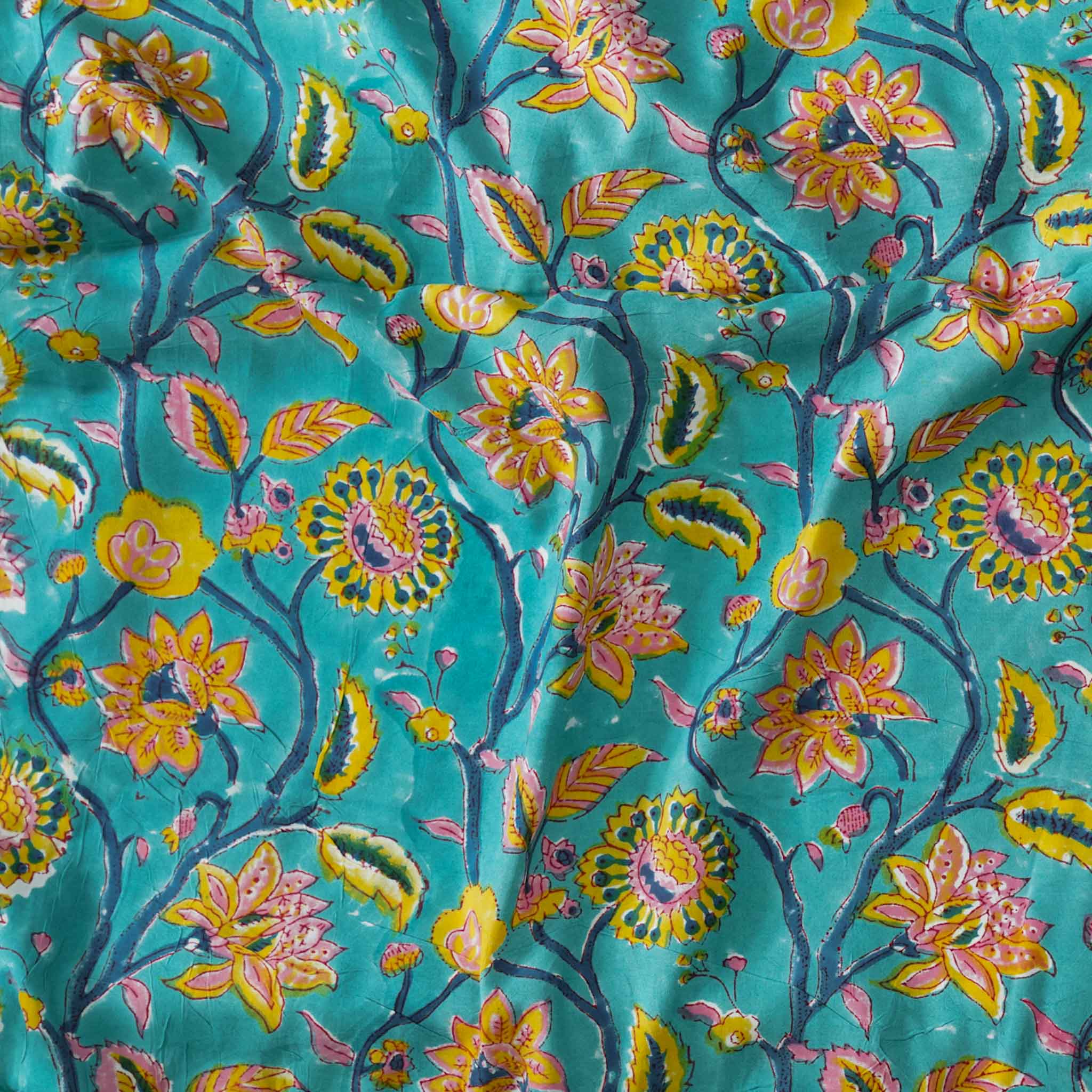 Modal Cotton Blue With Shades Of Yellow Tree Jaal Hand Block Print Fab ...