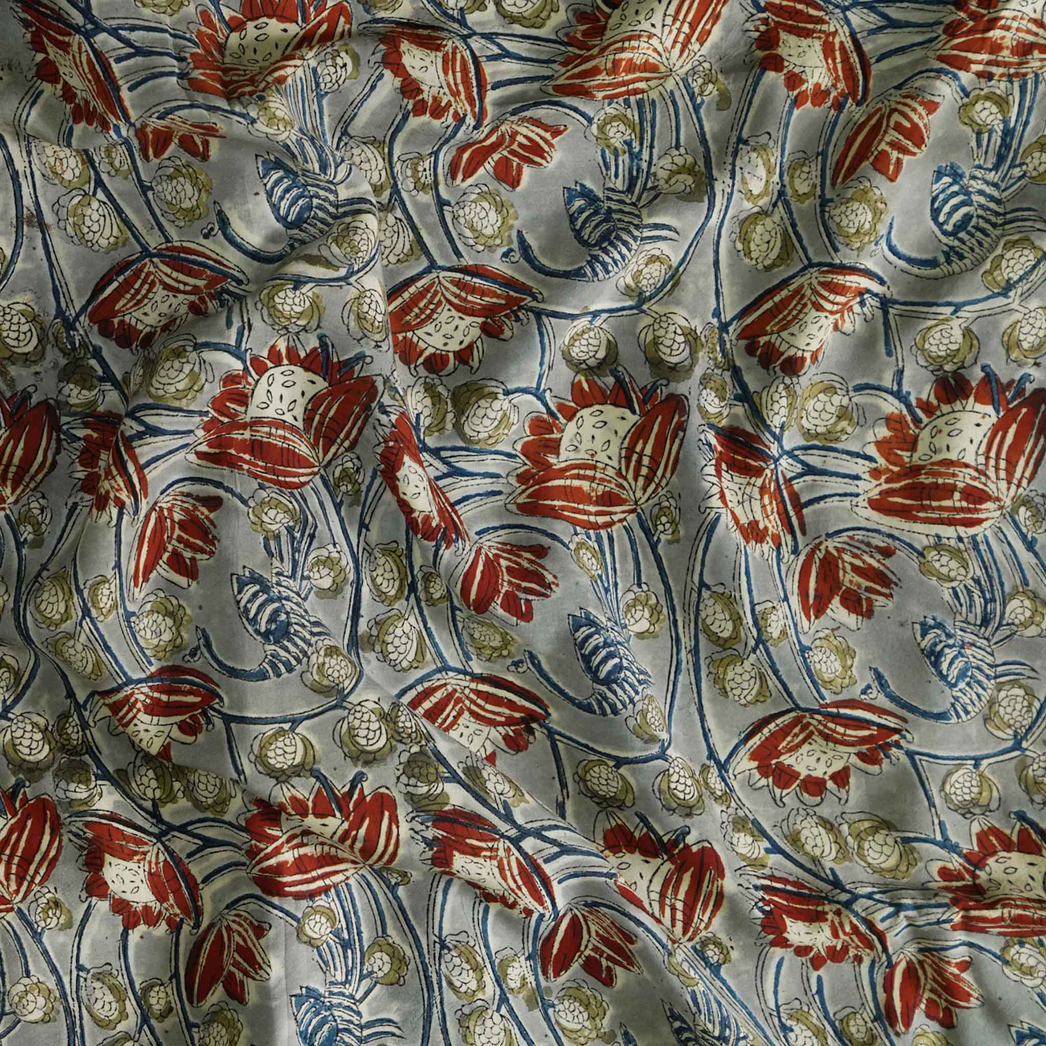 Modal Cotton Grey With Maroon Grass Flowers Hand Block Print Fabric ...