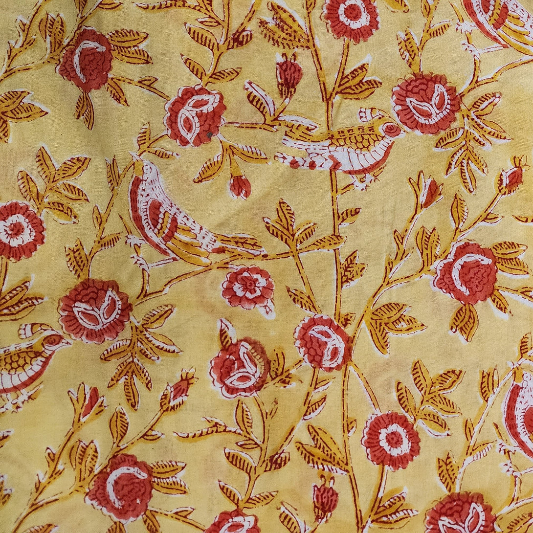 Modal Cotton Jaipuri Pastel Mustard With Birds In The Jungle Hand Bloc ...