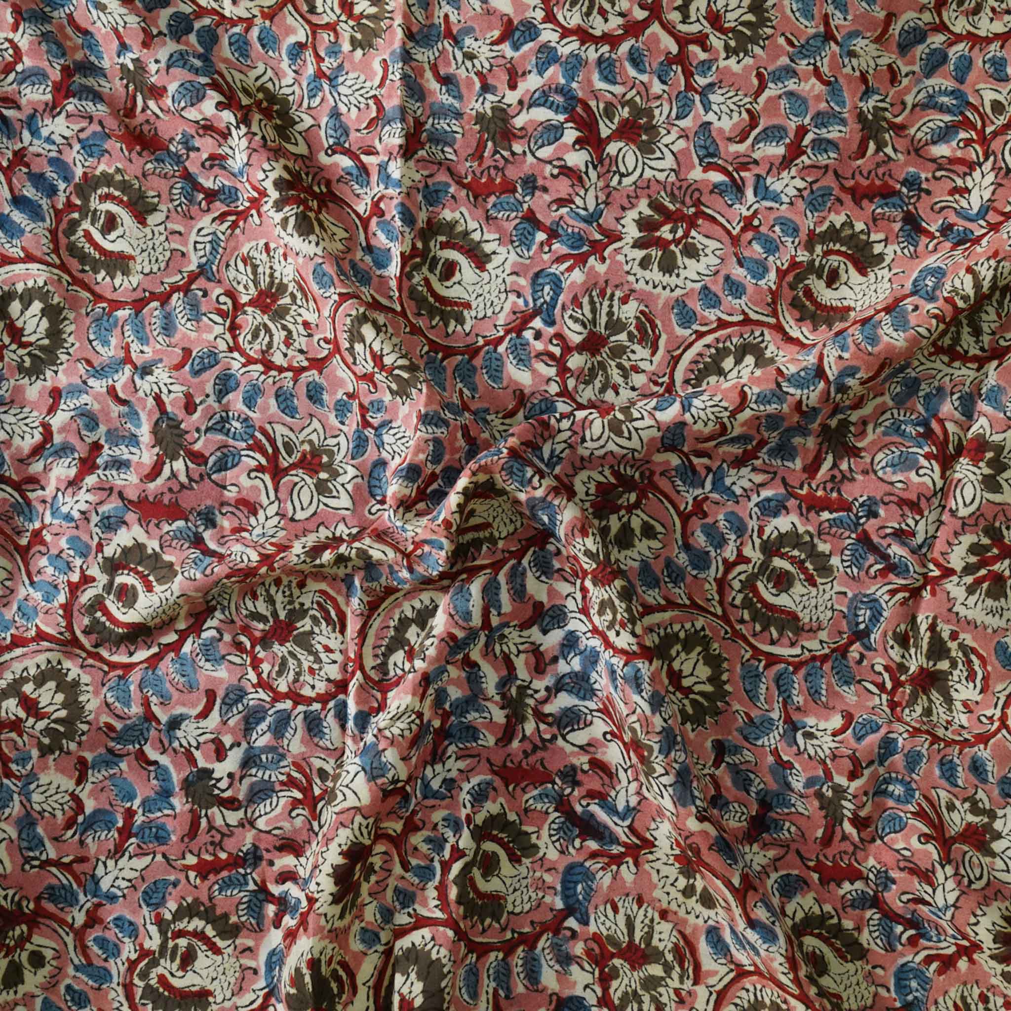 Modal Cotton Kalamkari Peach With Mixed Jaal Hand Block Print Fabric ...