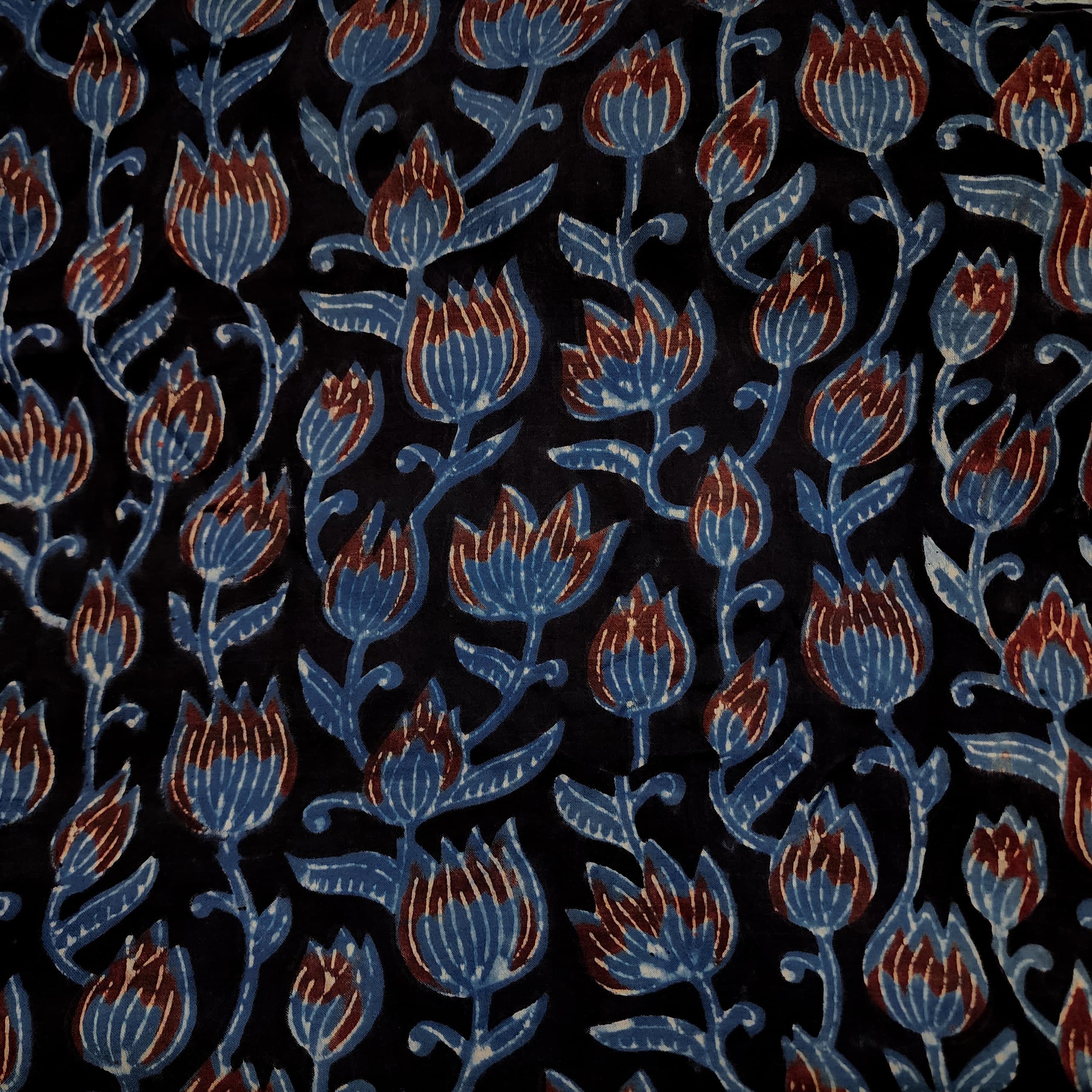 Modal Silk Black With Blue And Rust Lotus Jaal Hand Block Print Fabric ...