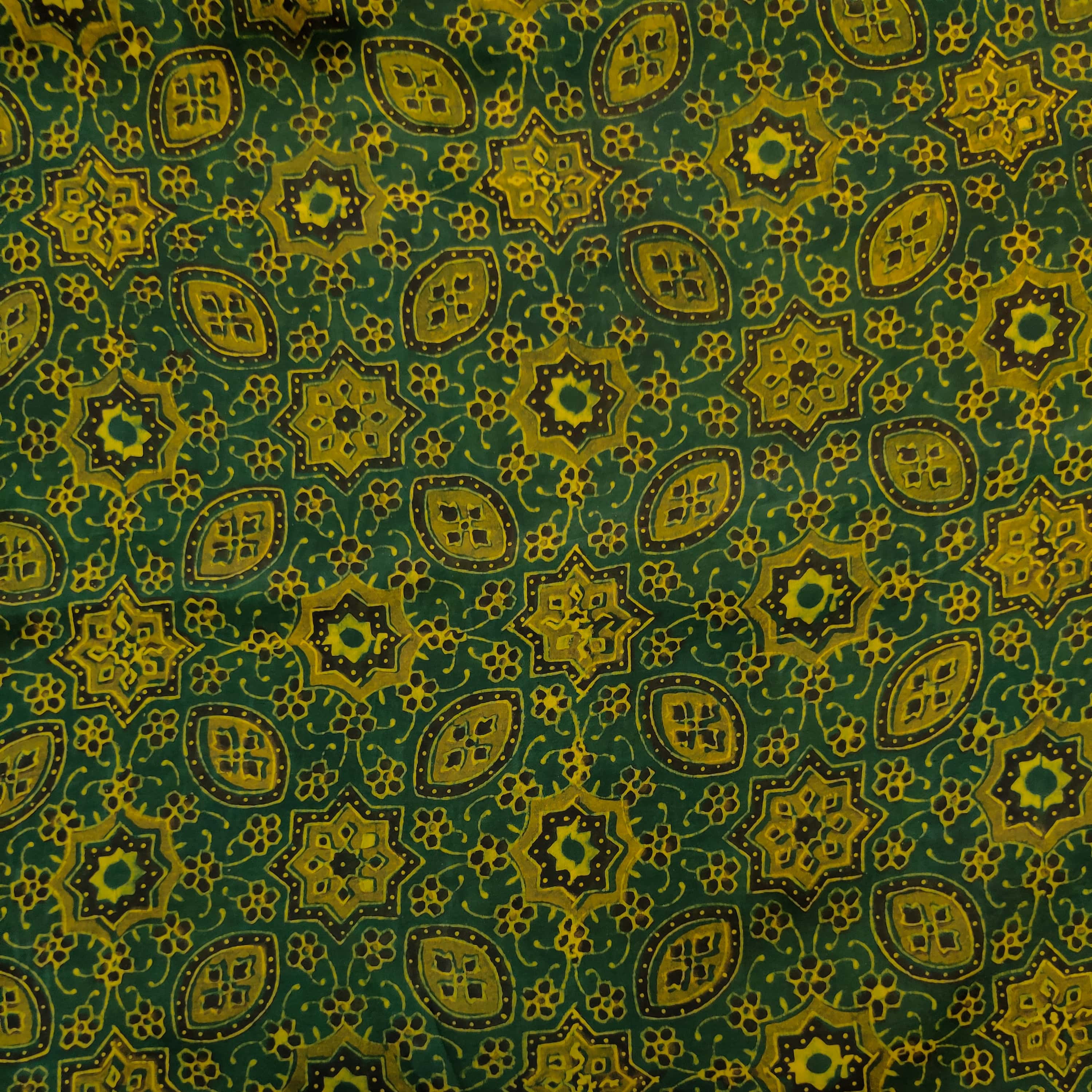 Modal Silk Shades Of Green Tile Hand Block Print Fabric – Sanskruti