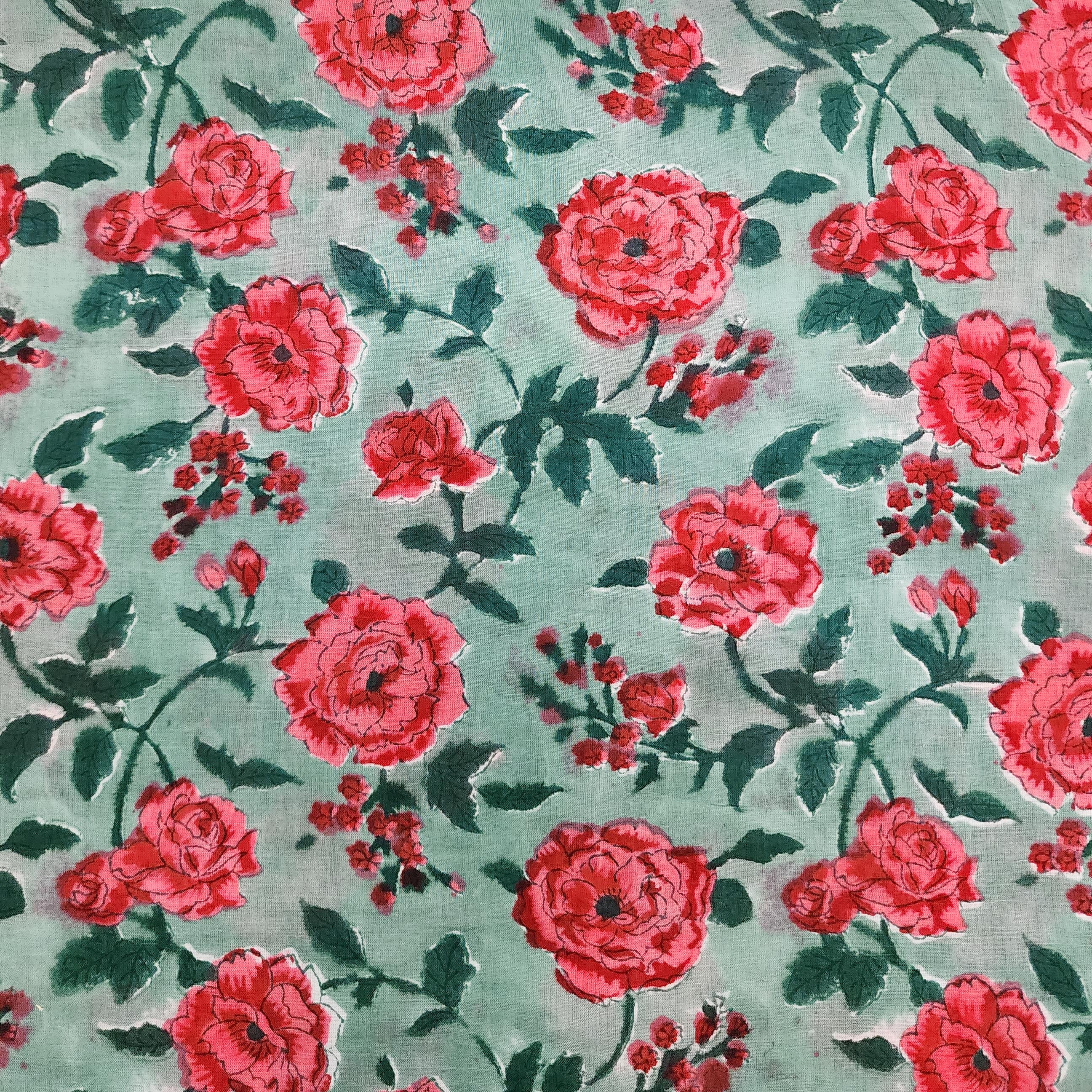 Mul Pure Cotton Jaipuri Teal Green With Peach With Dark Green Rose Jaa ...