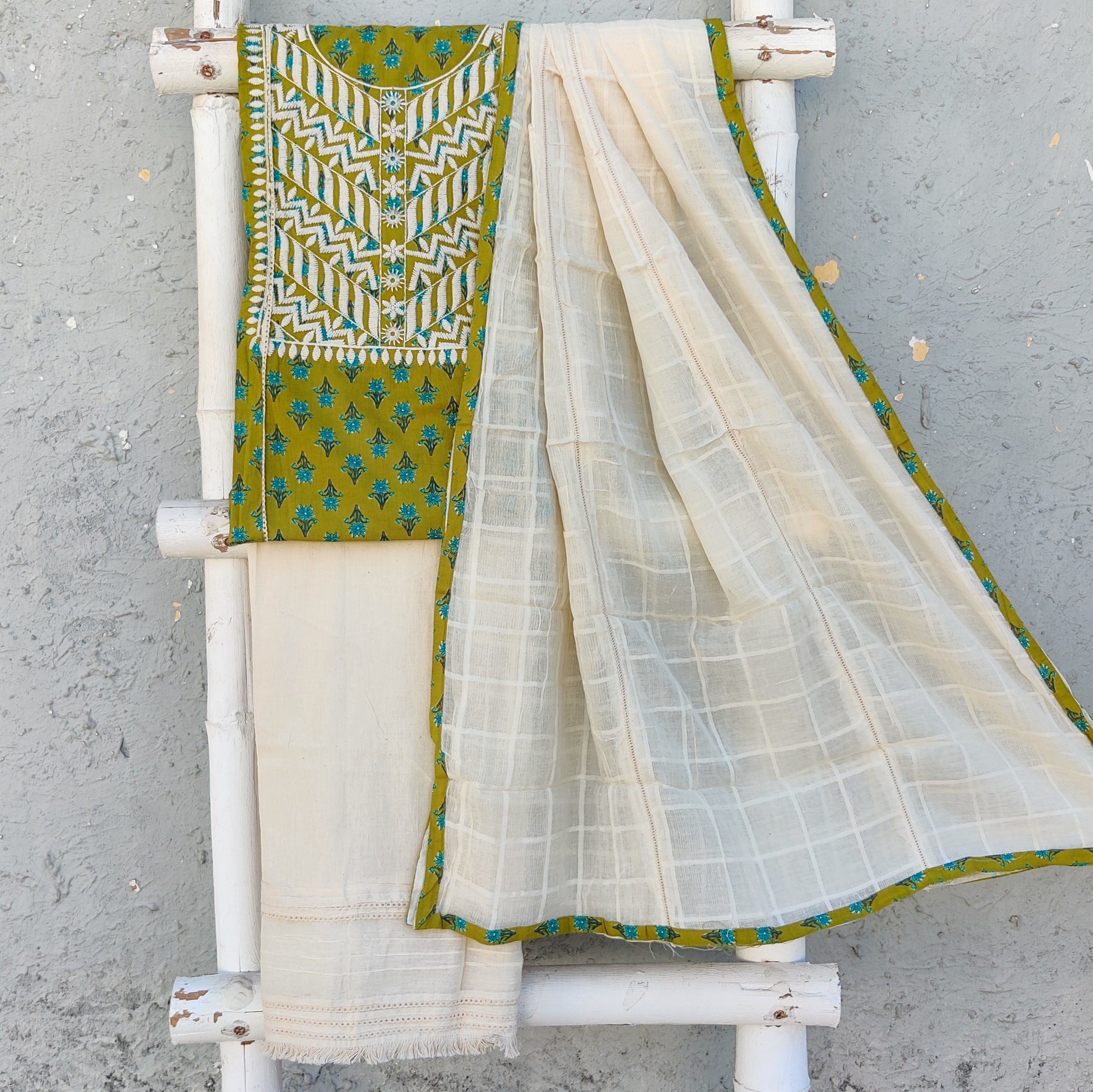 NAYA - Pure Cotton Green Screen Print With Cream Embroidered Yoke Crea ...