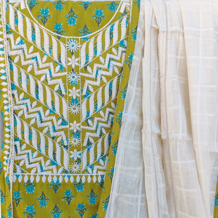 NAYA - Pure Cotton Green Screen Print With Cream Embroidered Yoke Crea ...
