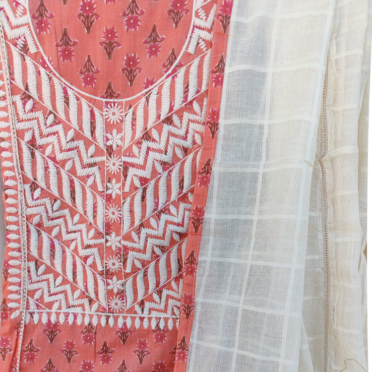 NAYA - Pure Cotton Peach Screen Print With Cream Embroidered Yoke Crea ...