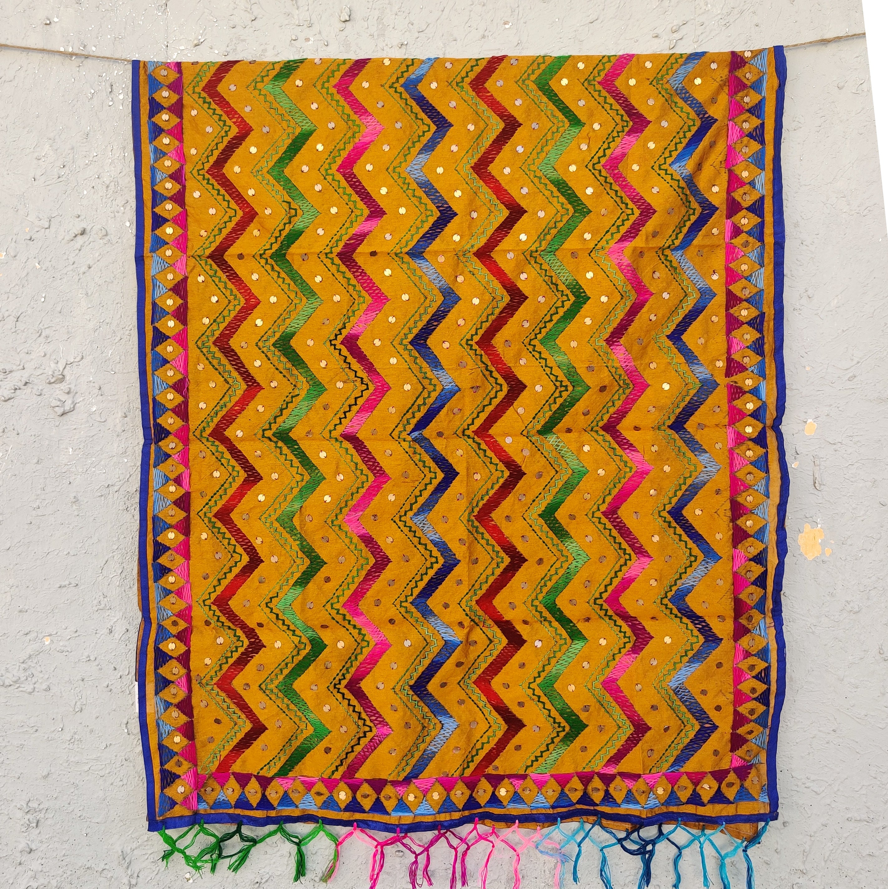 PHULKARI - Chanderi Hand Work Phulkari Punjabi Dupatta Mustard – Sanskruti