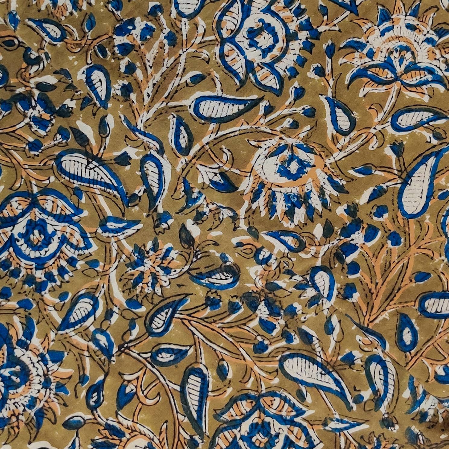 Pre-Cut 1.30 Meters Pure Cotton Kalamkari Mehendi Green With Blue Must ...