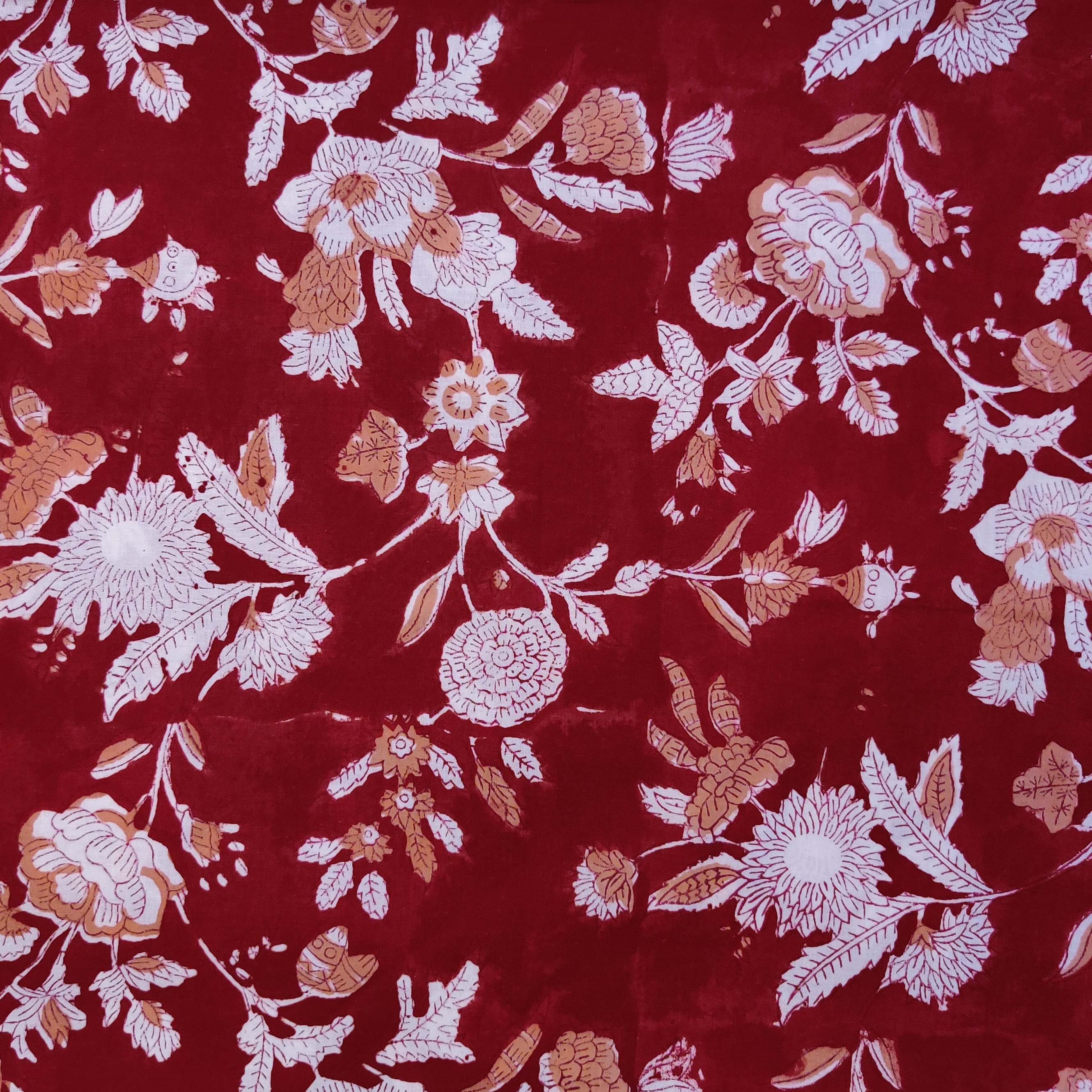 Pure Cotton Jaipuri Red With White And Peach Jaal Hand Block Print Fab ...