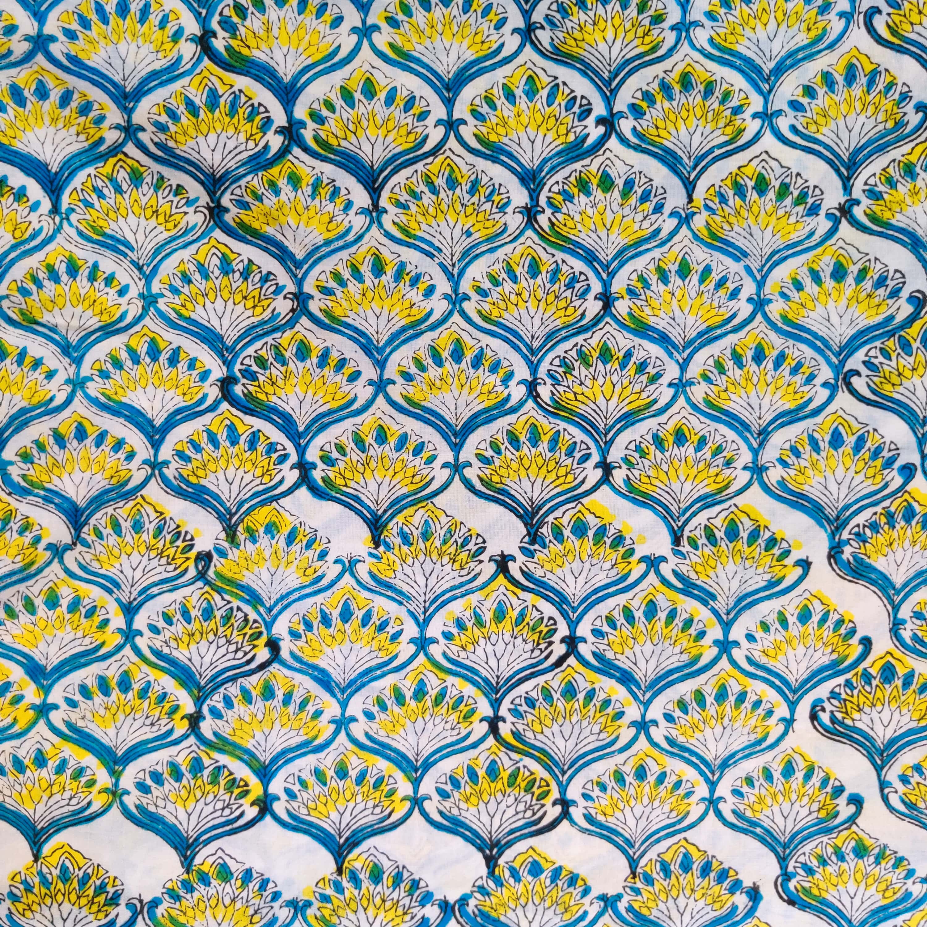 Pure Cotto Jaipuri White With Yellow And Blue All Over Pattern Hand Bl ...