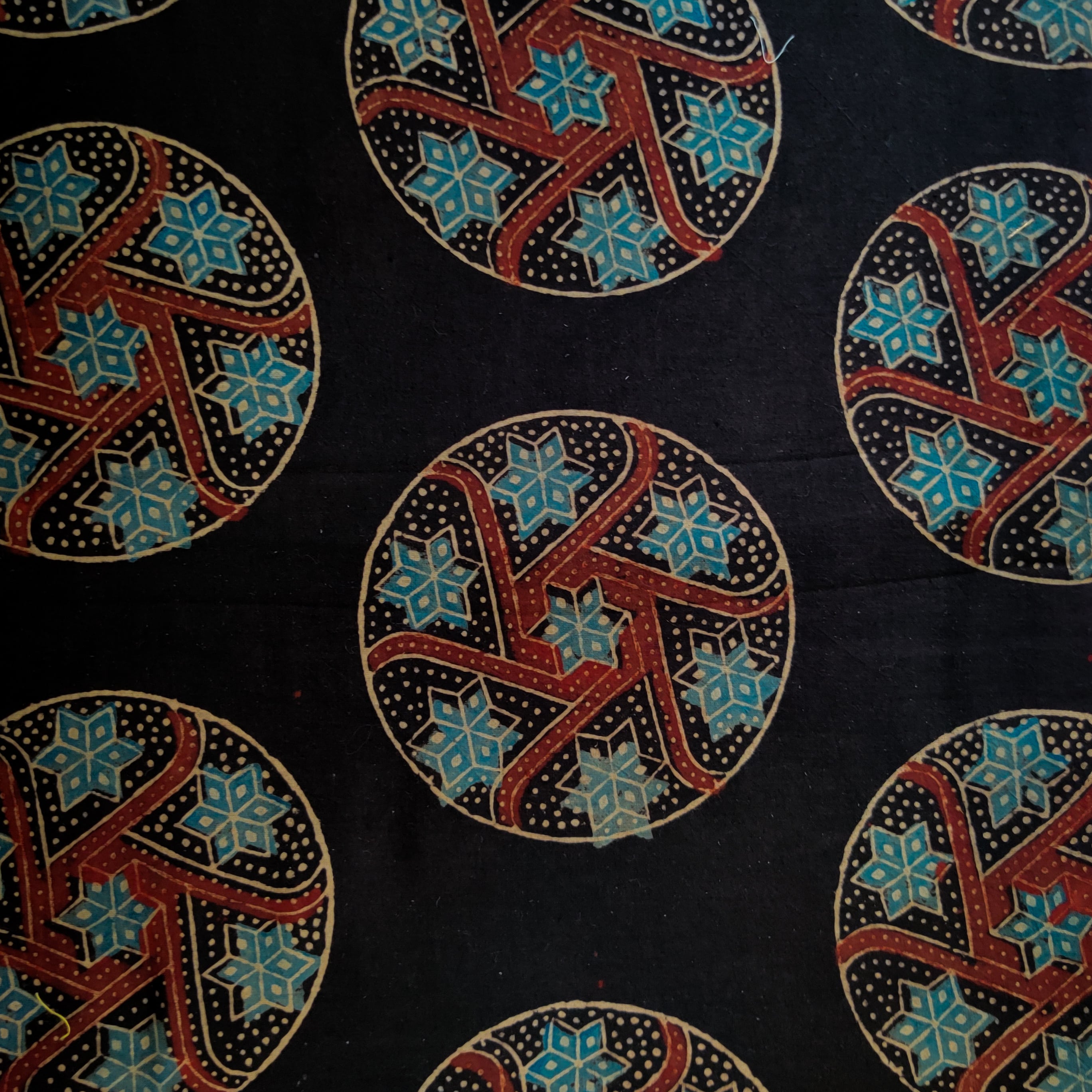 Pure Cotton Ajrak Black With Big Chakra Hand Block Print Fabric – Sanskruti