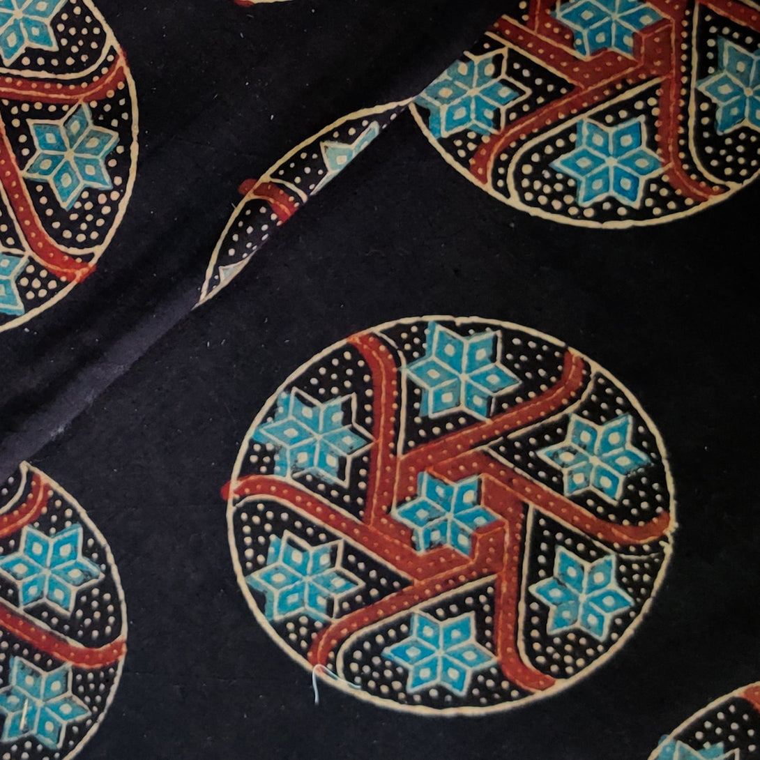 Pure Cotton Ajrak Black With Big Chakra Hand Block Print Fabric – Sanskruti