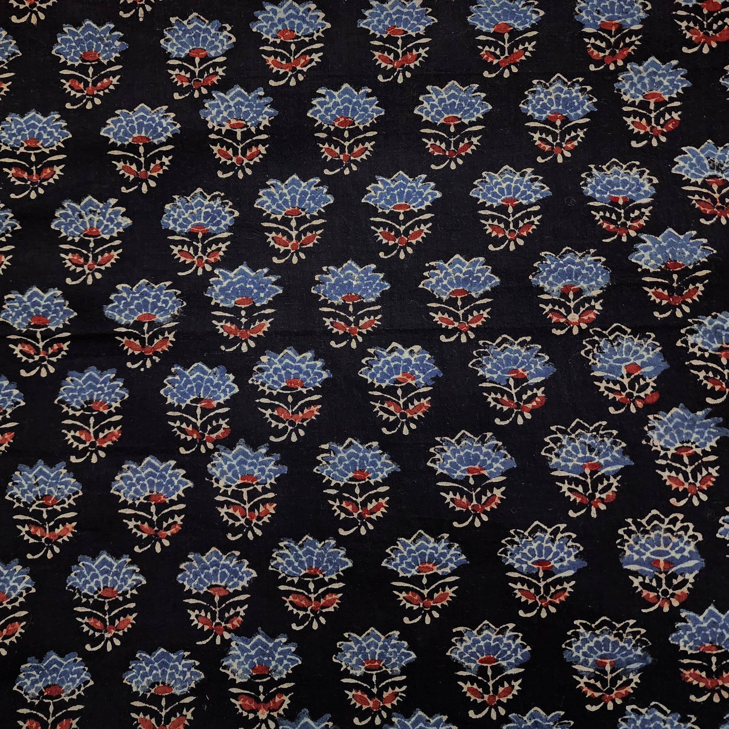 Pure Cotton Ajrak Black With Blue And Rust Flower Motif Jaal Hand Bloc ...