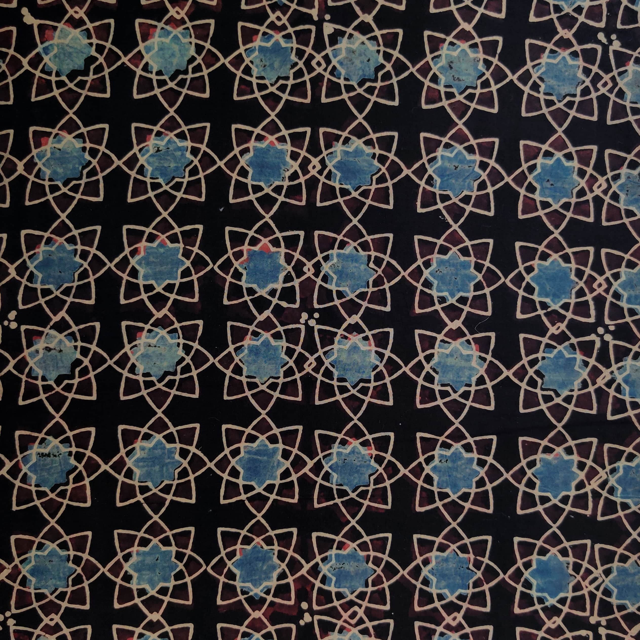 Pure Cotton Ajrak Black With Blue Wobbly Star Hand Block Print Fabric ...
