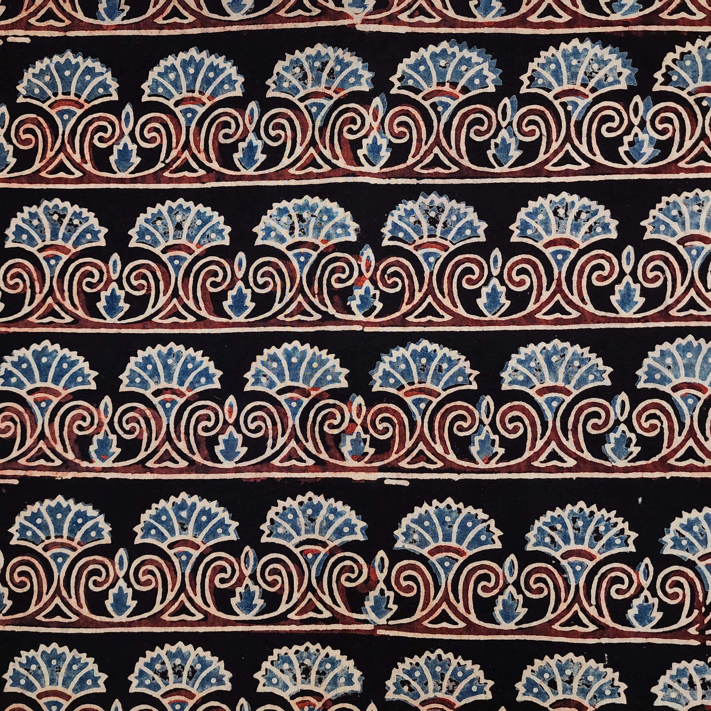 Pure Cotton Ajrak Black With Bush Border Horizontal Hand Block Print F ...