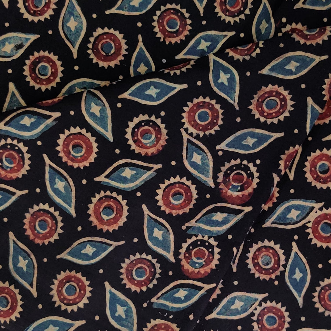 Pure Cotton Ajrak Black With Chakra Leaves Hand Block Print Fabric ...