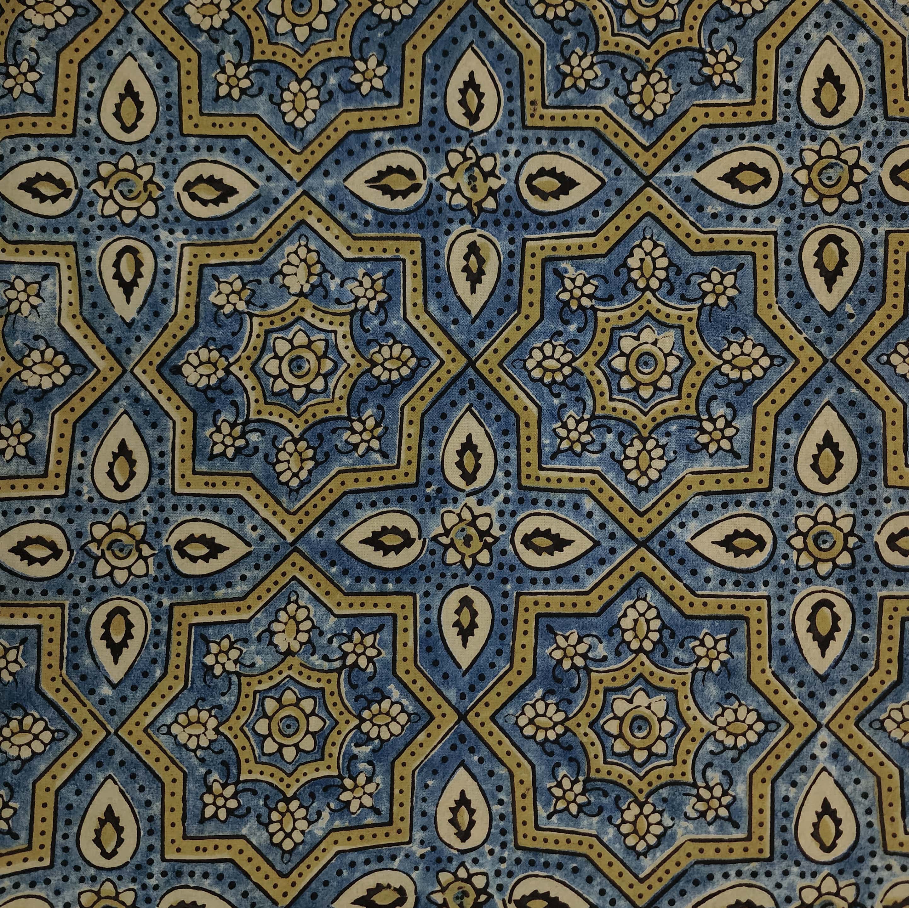 Pure Cotton Ajrak Blue And Green Mustard All Over Star Tiles Hand Bloc ...