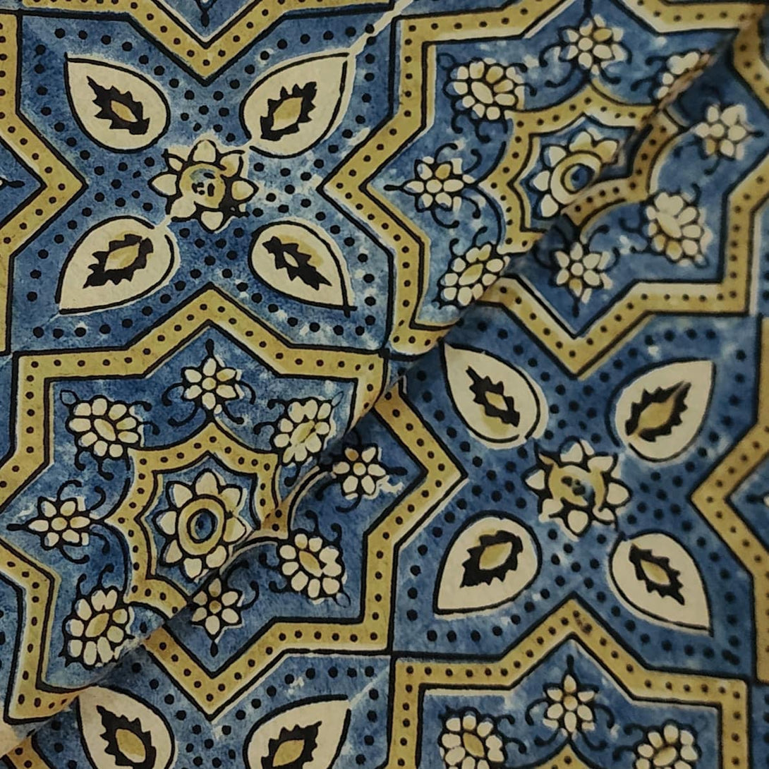 Pure Cotton Ajrak Blue And Green Mustard All Over Star Tiles Hand Bloc ...