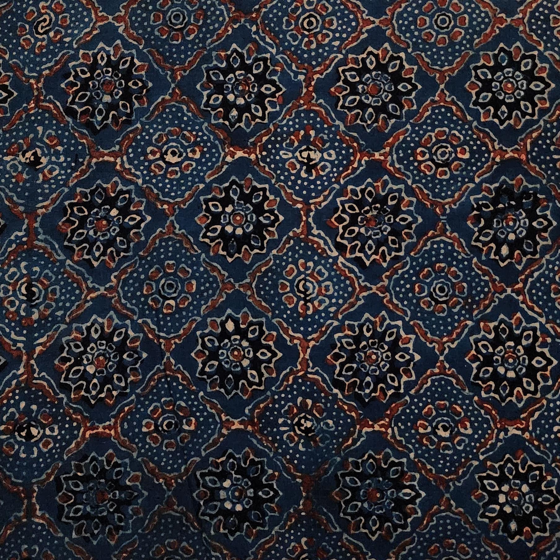 Pure Cotton Ajrak Blue With Diagonal Mesh Flowers Motifs Hand Block Pr ...