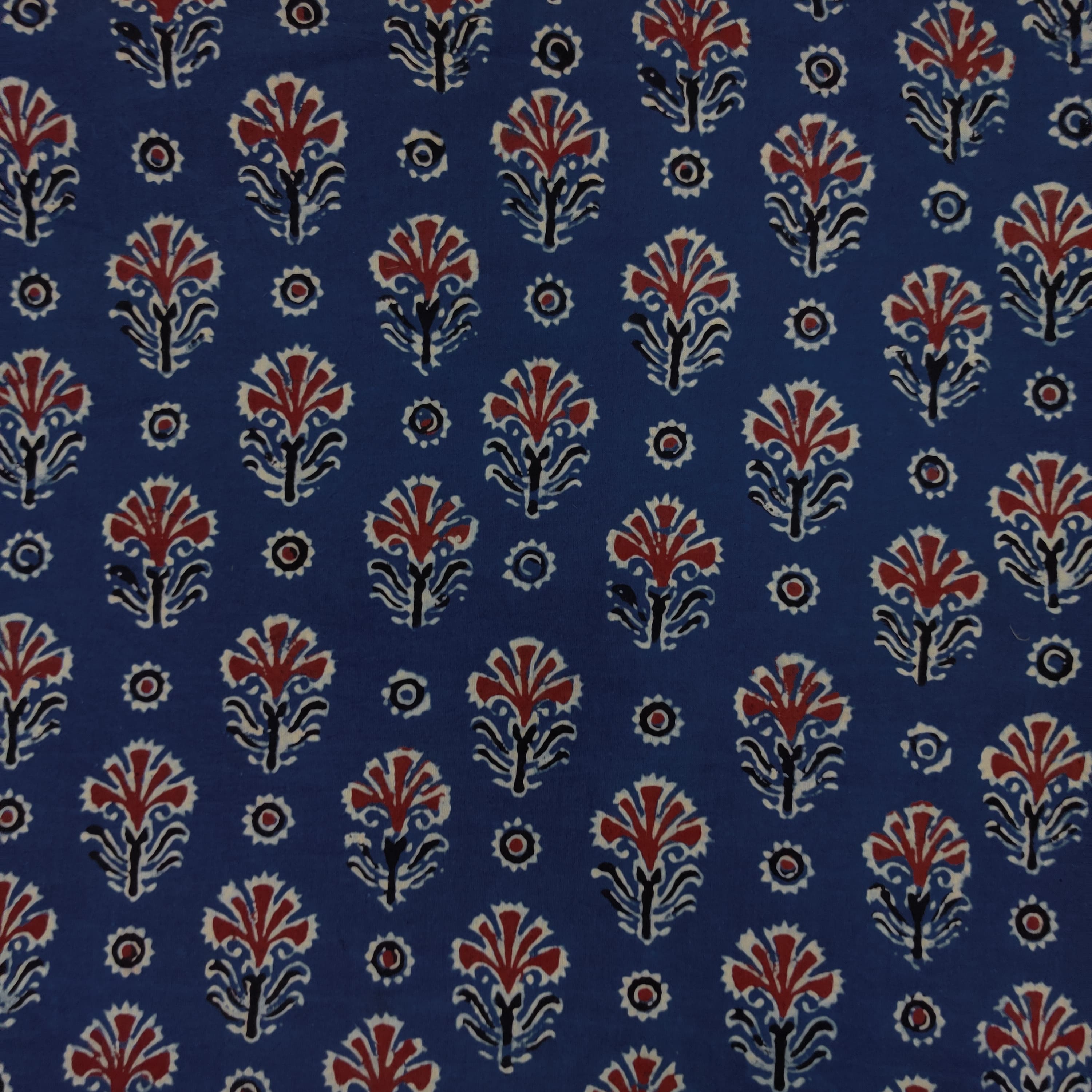 Pure Cotton Ajrak Blue With Rust Flowers And Chakra Hand Block Print F – Sanskruti