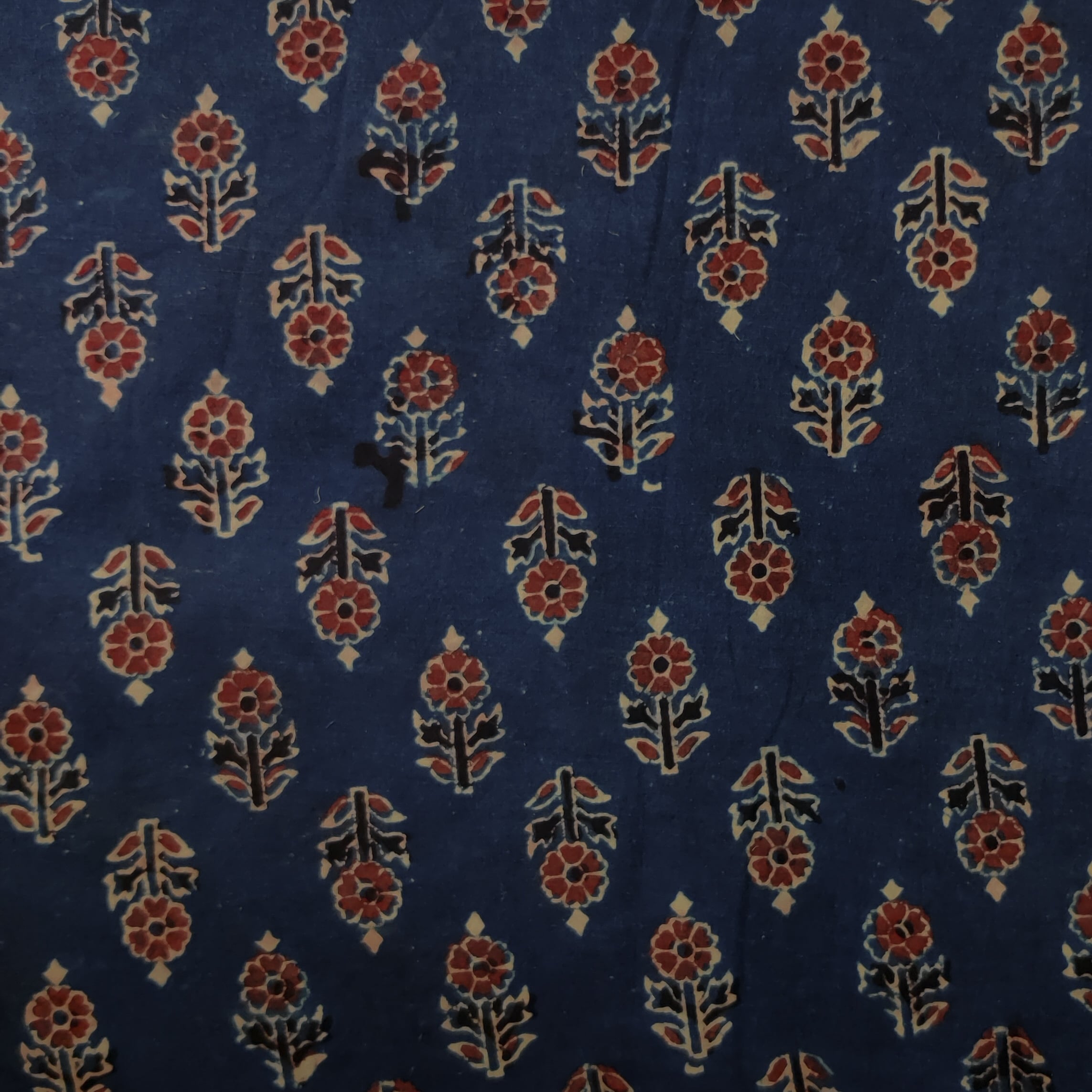 Precut 2 Meter Pure Cotton Ajrak Blue With Small All Over Floral Motif – Sanskruti