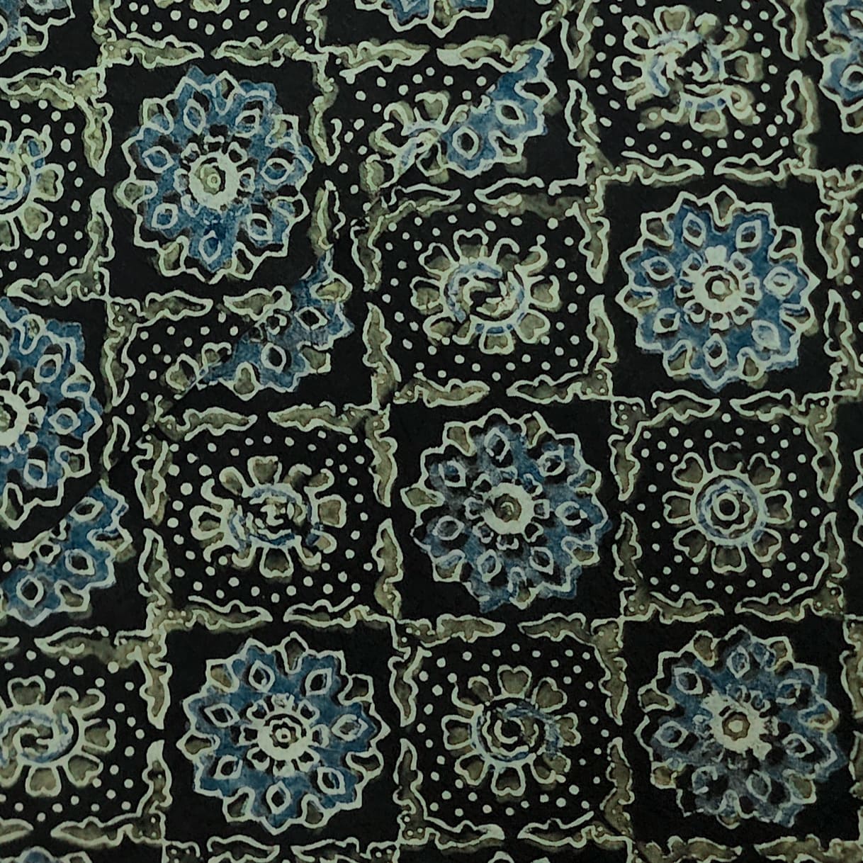 Pure Cotton Ajrak Brown With Diagonal Mesh Flowers Motifs Hand Block P ...