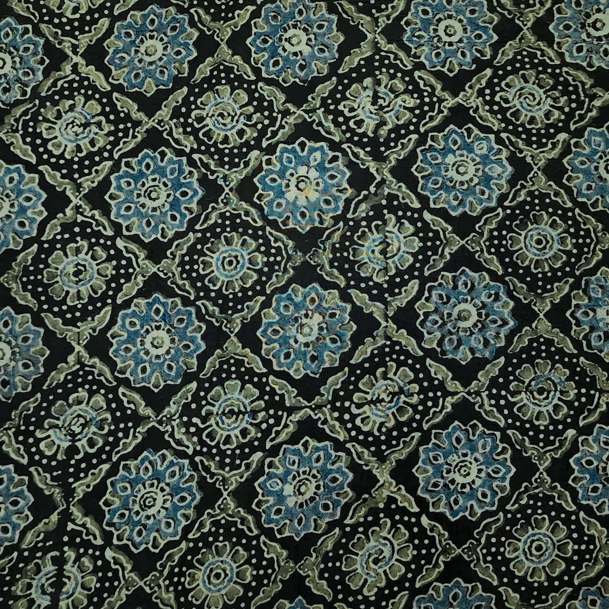 Pure Cotton Ajrak Brown With Diagonal Mesh Flowers Motifs Hand Block P ...