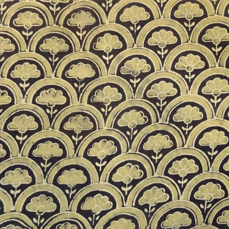 Pure Cotton Ajrak Brown With Scales And Flowers Hand Block Print Fabri ...