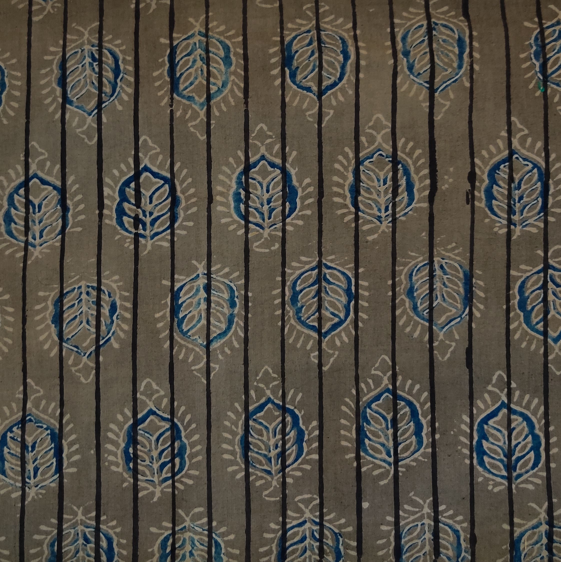 Pure Cotton Ajrak Brwn Grey With With Black Stripes And Blue Motifs Ha ...