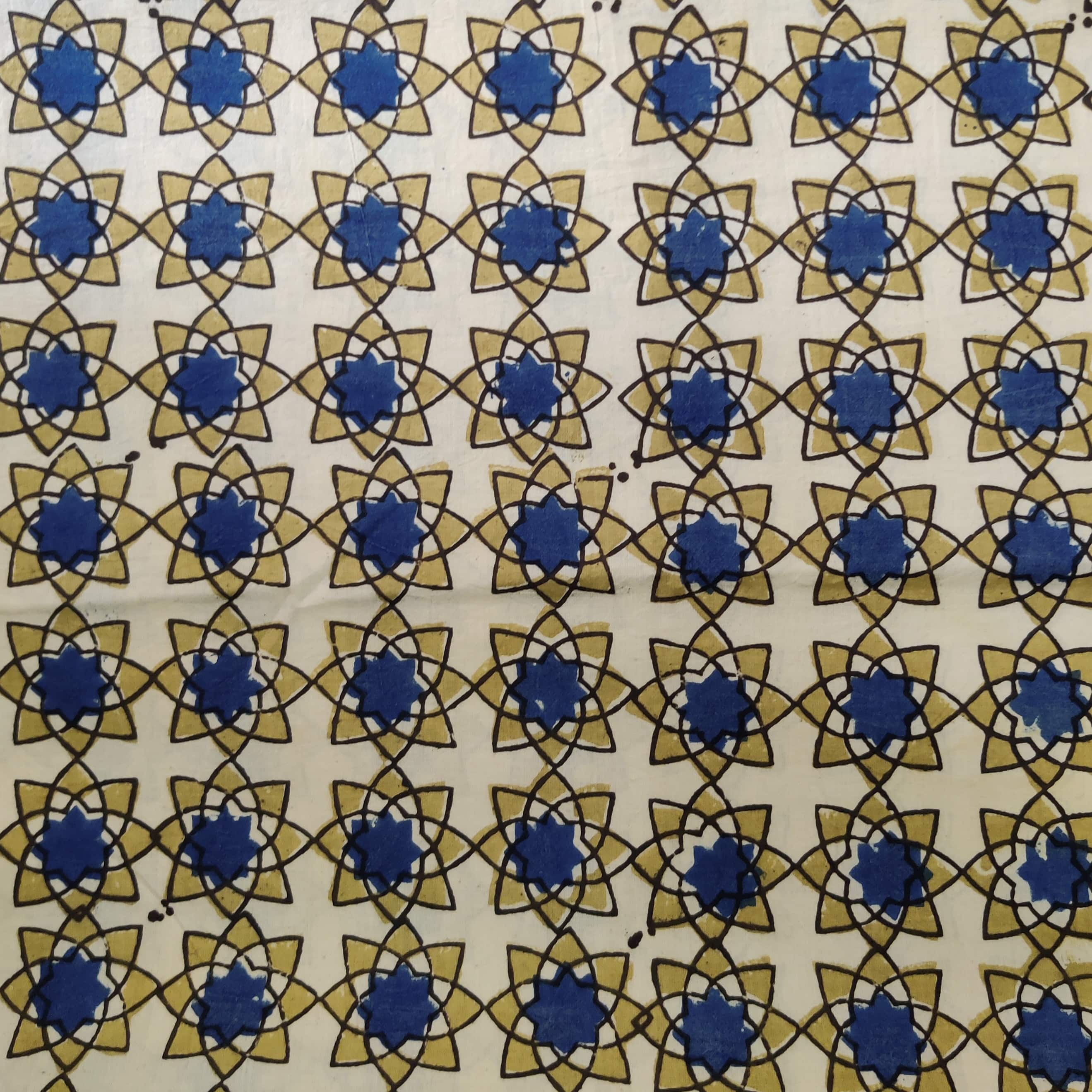 Pure Cotton Ajrak Cream With Blue Wobbly Star Hand Block Print Fabric ...