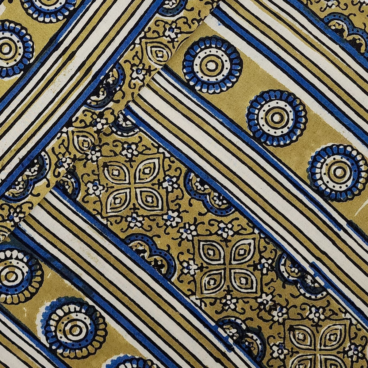 Pure Cotton Ajrak Cream With Chakra Tile Stripes Border Hand Block Pri - Sanskruti