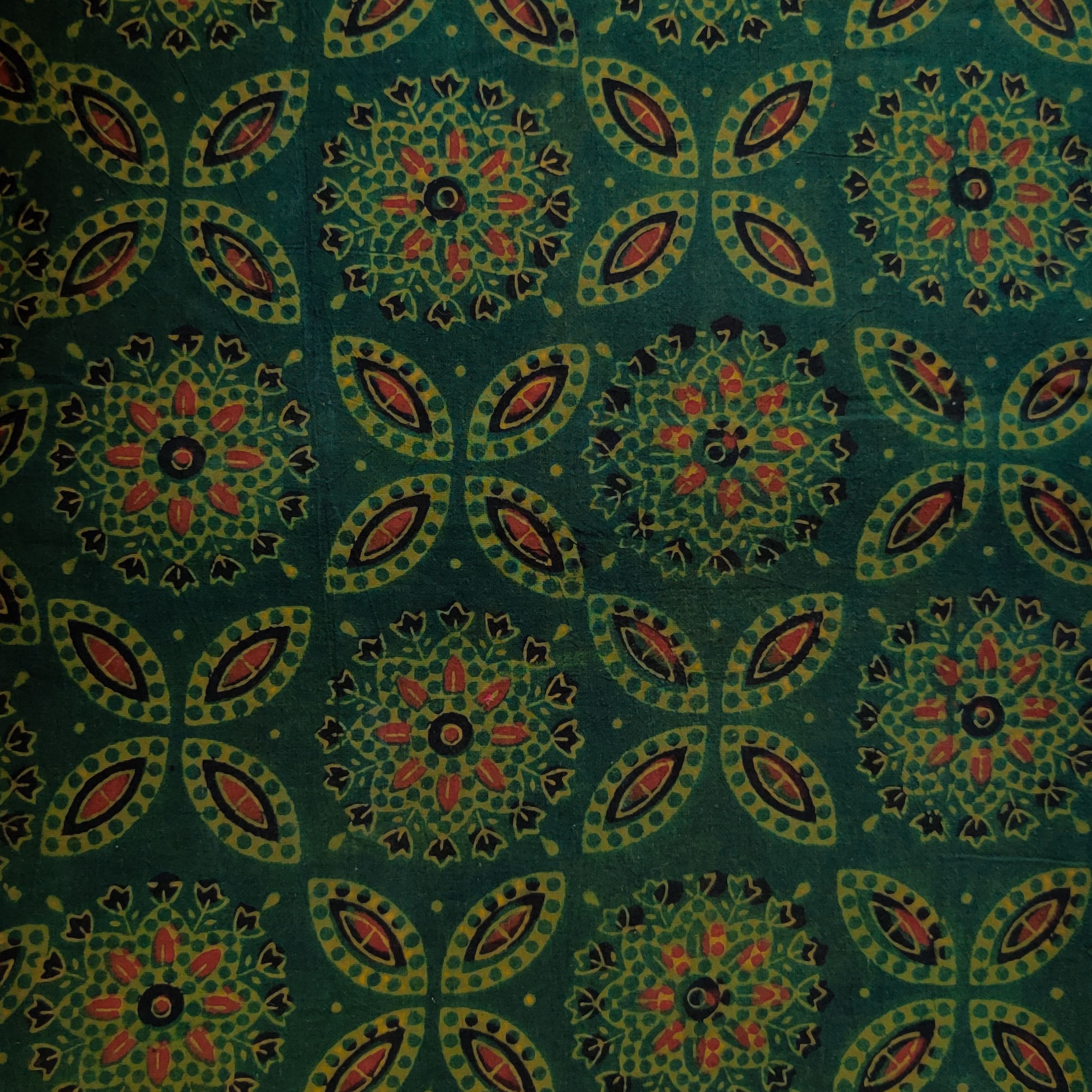 Pure Cotton Ajrak Green With Chakra And Four Petal Flower Hand Block P ...