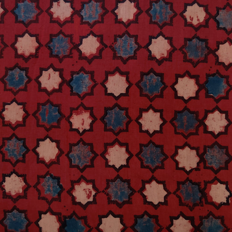 Precut 1.90 Meter Pure Cotton Ajrak Maroon Stars Hand Block Print Fabr ...