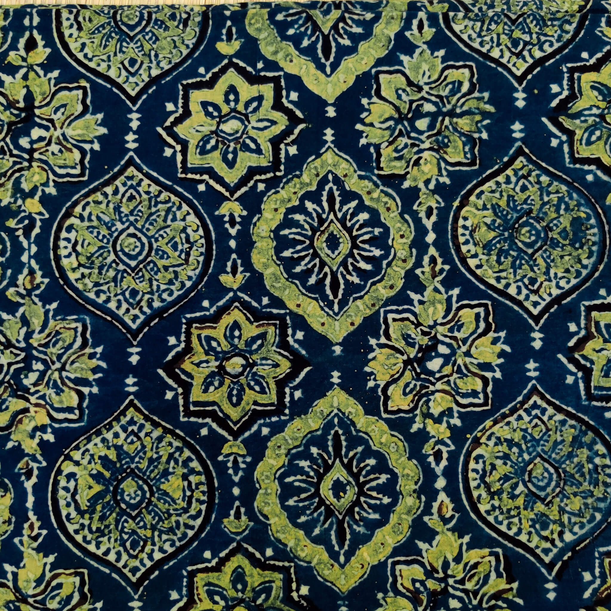 Pure Cotton Ajrak Persian Blue With Intricate Green Mehendi Patterned ...